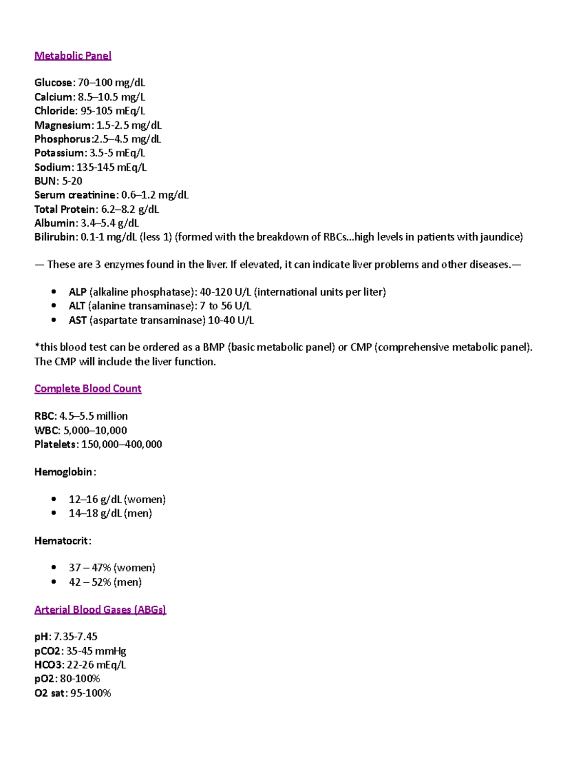 Nclex Lab Values - Metabolic Panel Glucose: 70–100 mg/dL Calcium: 8–10 ...