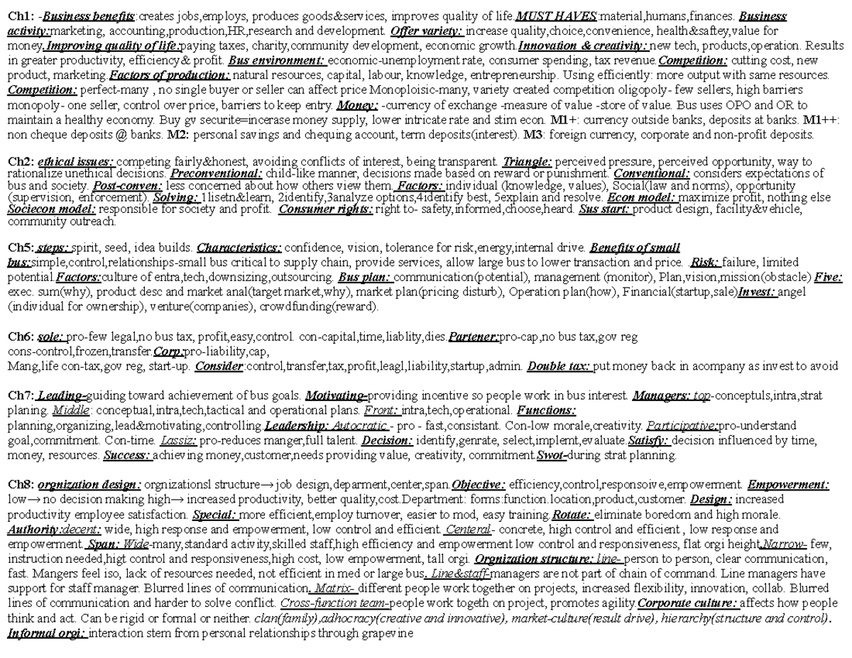 Bus 100 midterm cheat sheet - Ch1: - Business benefits:creates jobs ...