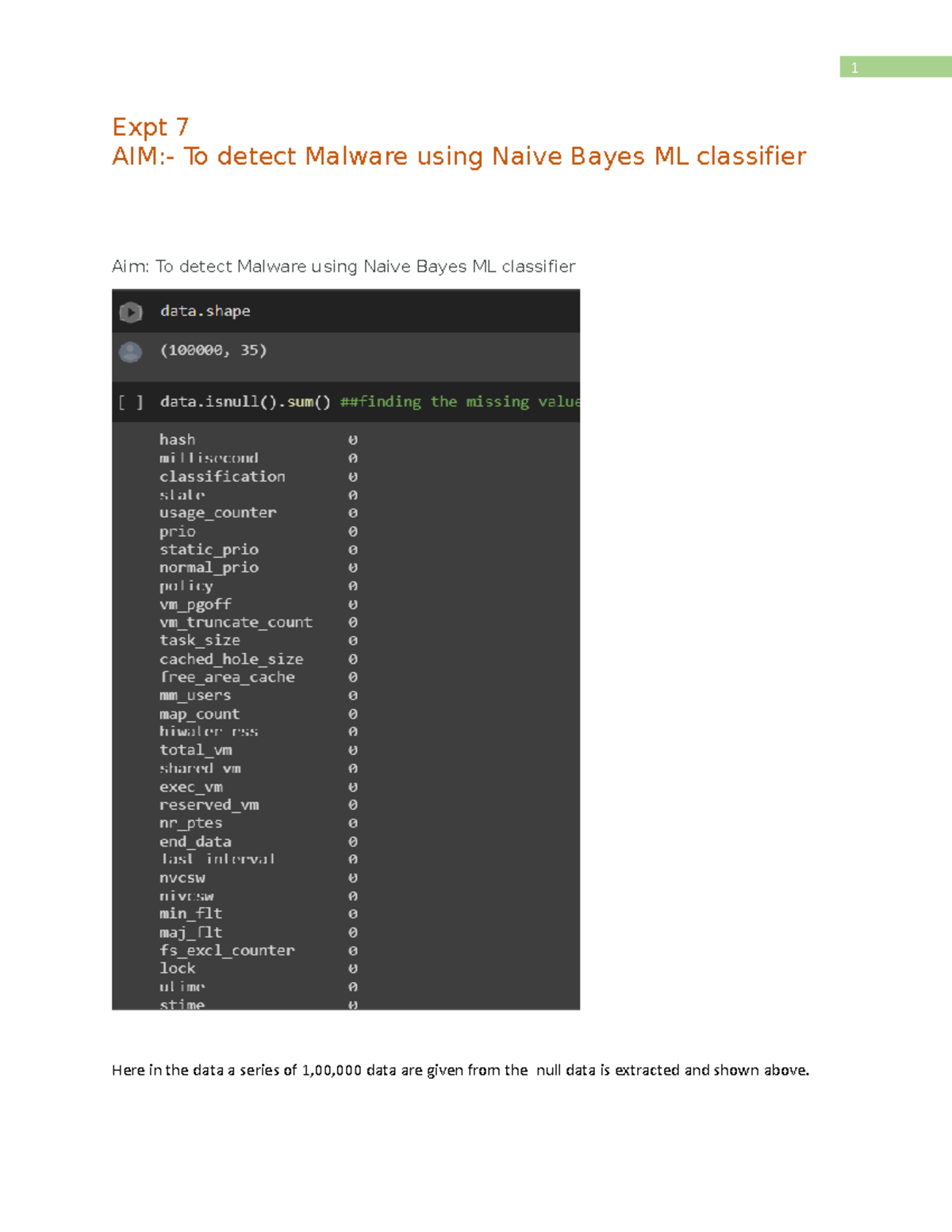 Naive Bayes - ddwwdsdsdsd - Expt 7 AIM:- To detect Malware using Naive Bayes ML classifier Aim ...