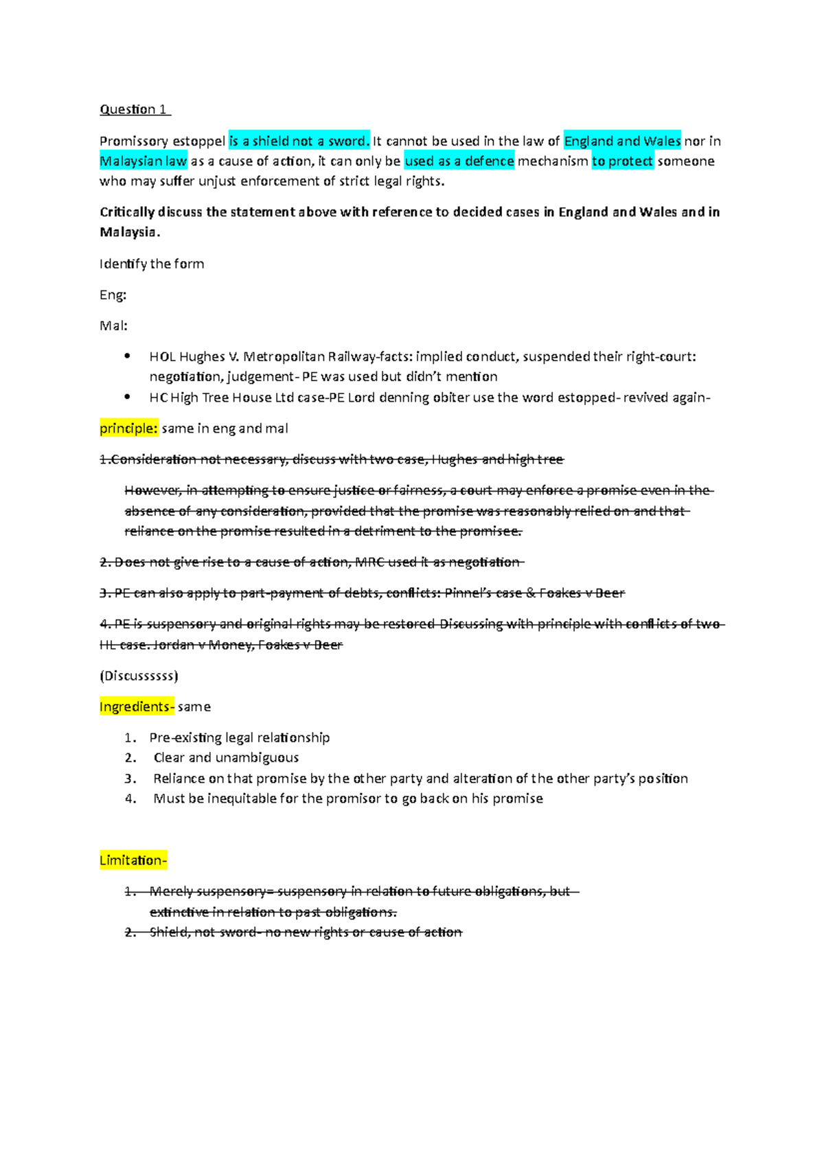 Question 1 of the Contract tutorial in Year one - Question 1 Promissory estoppel is a shield not ...