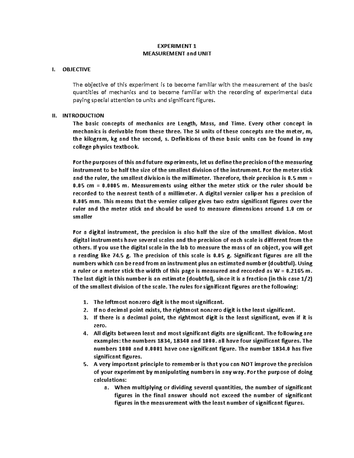 Ex01 - Lab 01 - EXPERIMENT 1 MEASUREMENT and UNIT I. OBJECTIVE The ...