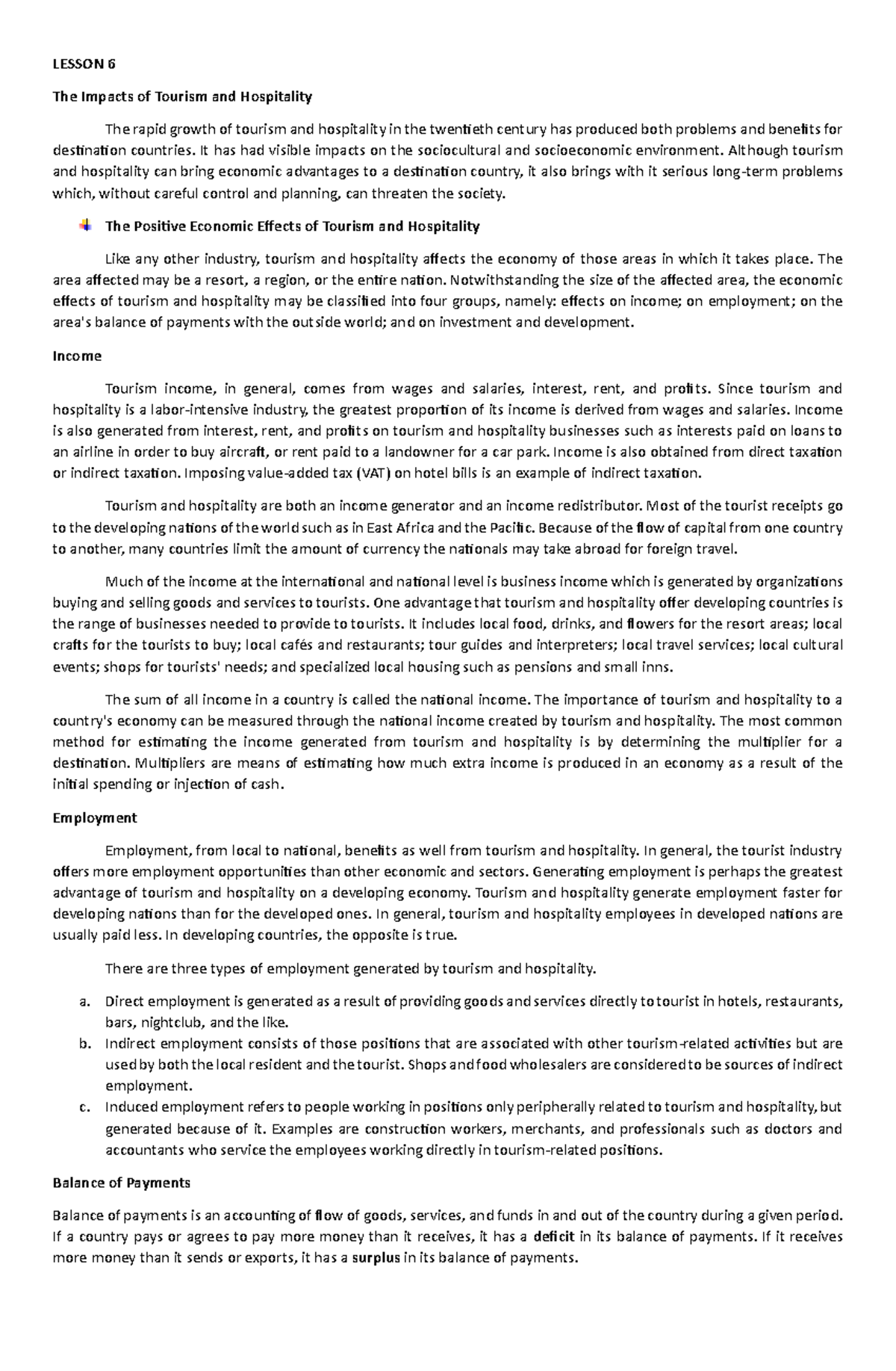 Lesson 6 - IMPACT TO THE ECONOMY OF TOURISM AND HOSPITALITY - LESSON 6 ...