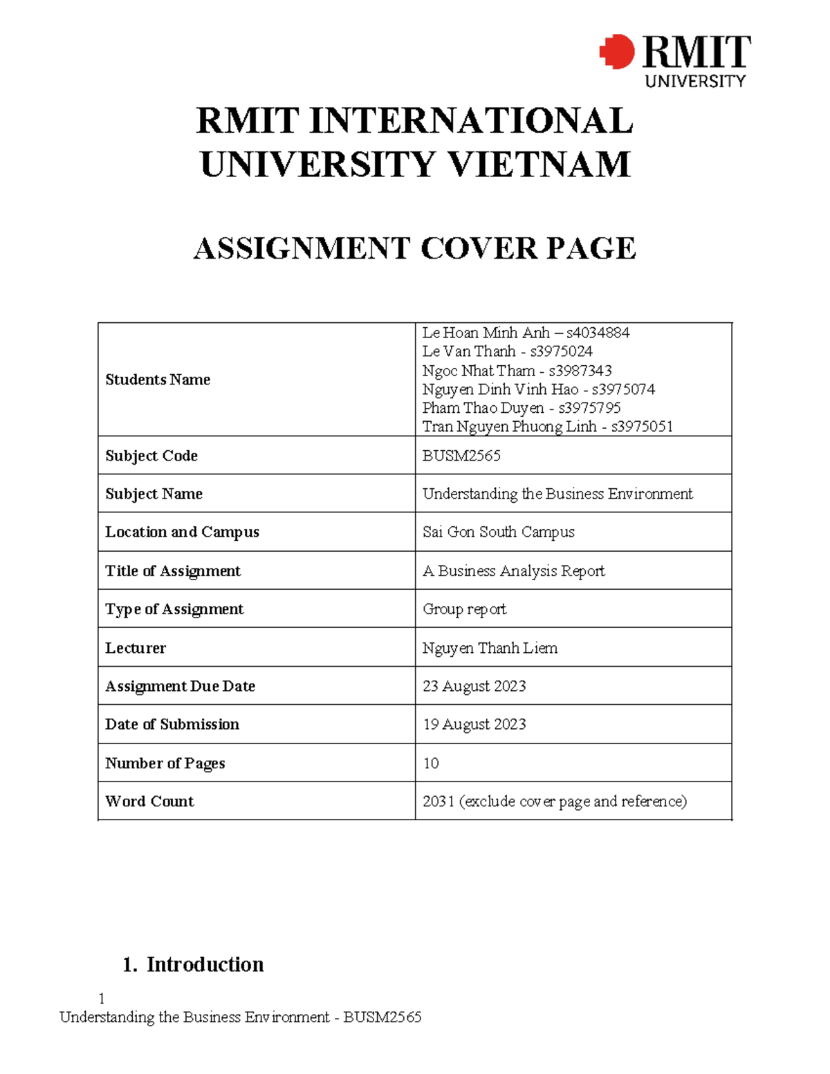 UBE A2-Group-Report-1 - RMIT INTERNATIONAL UNIVERSITY VIETNAM ...