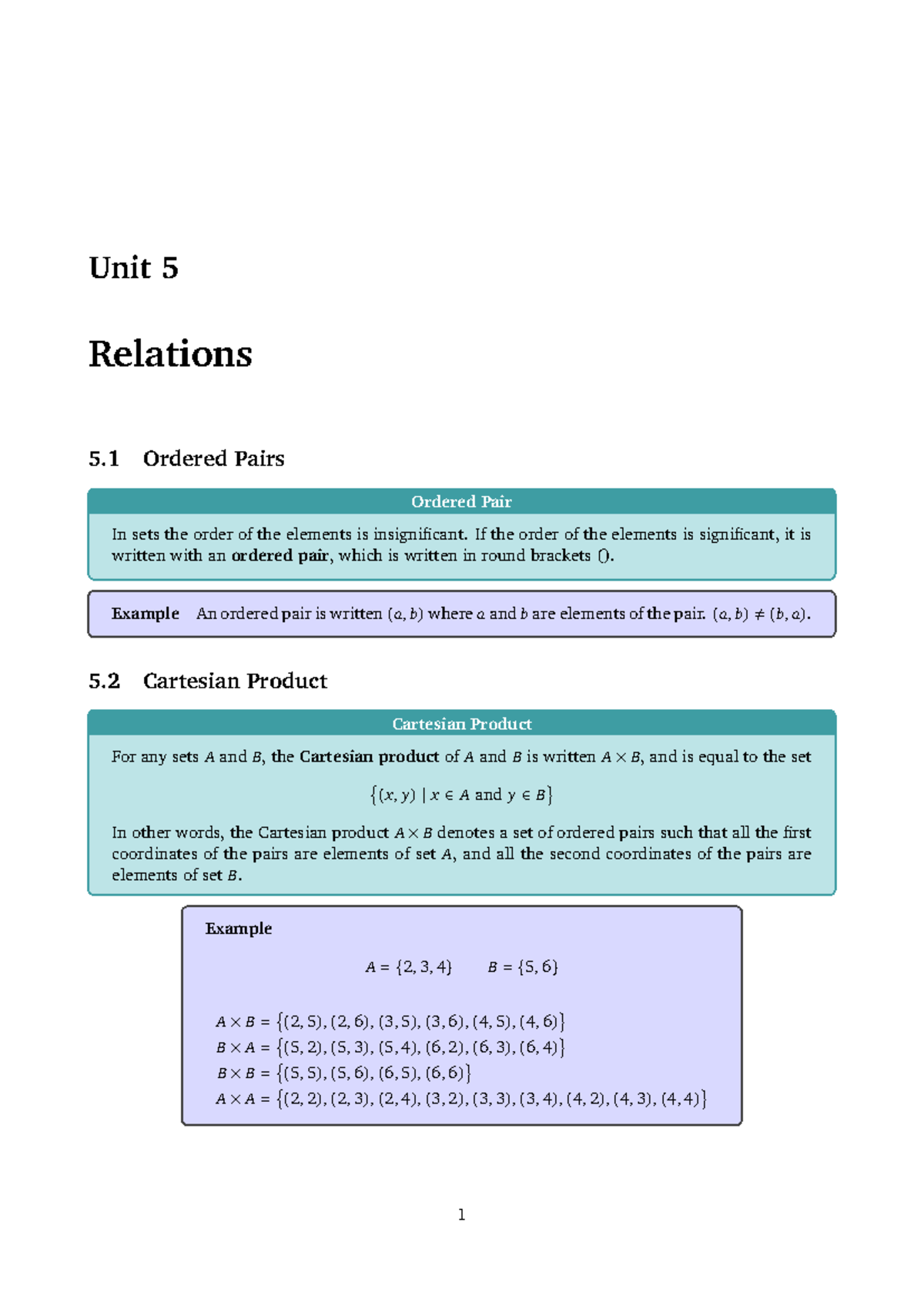Chapter 5 summary - Unit 5 Relations 5 Ordered Pairs Ordered Pair In sets the order of the ...