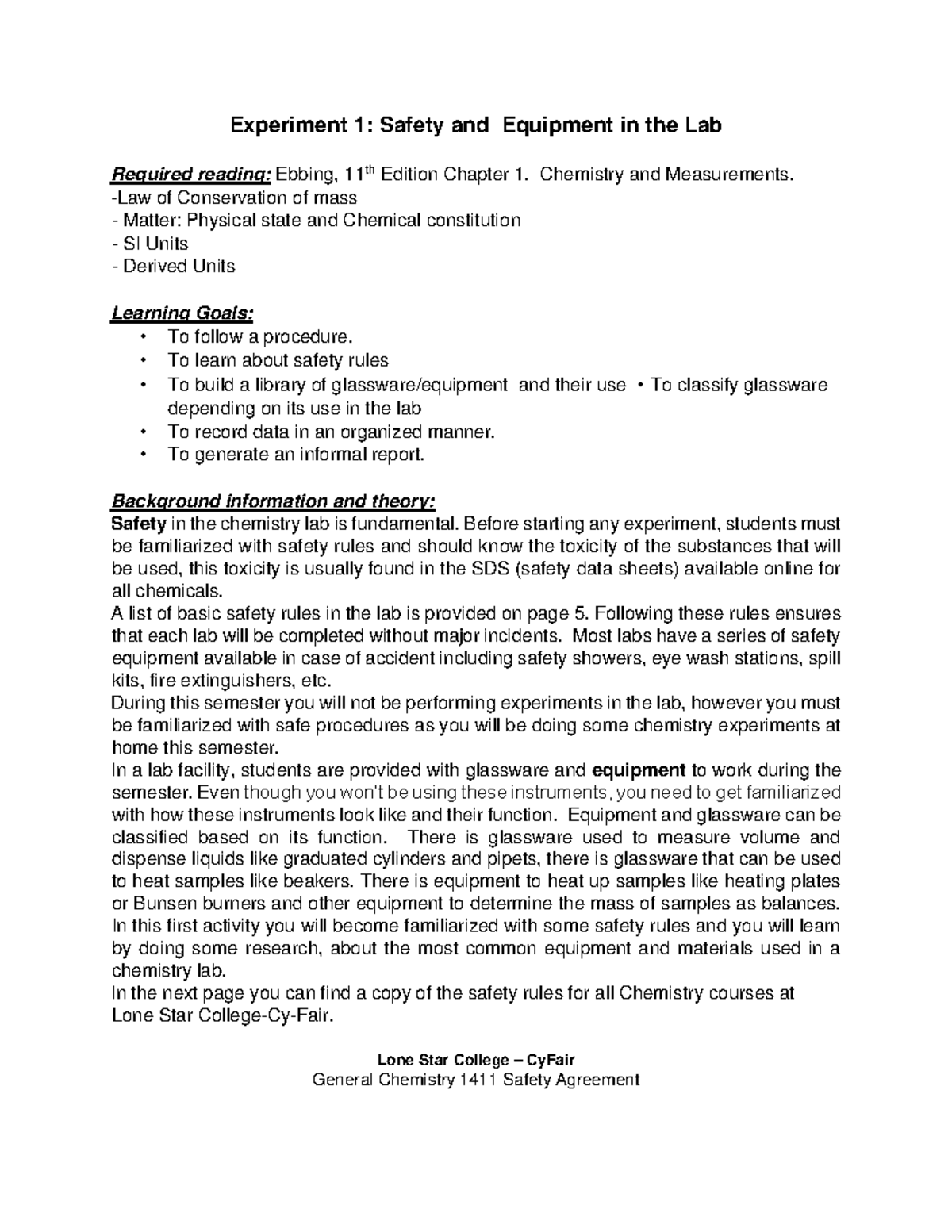 Experiment 1-Safety and Equipment in the Lab copy - CHEM 1411 - LSC ...