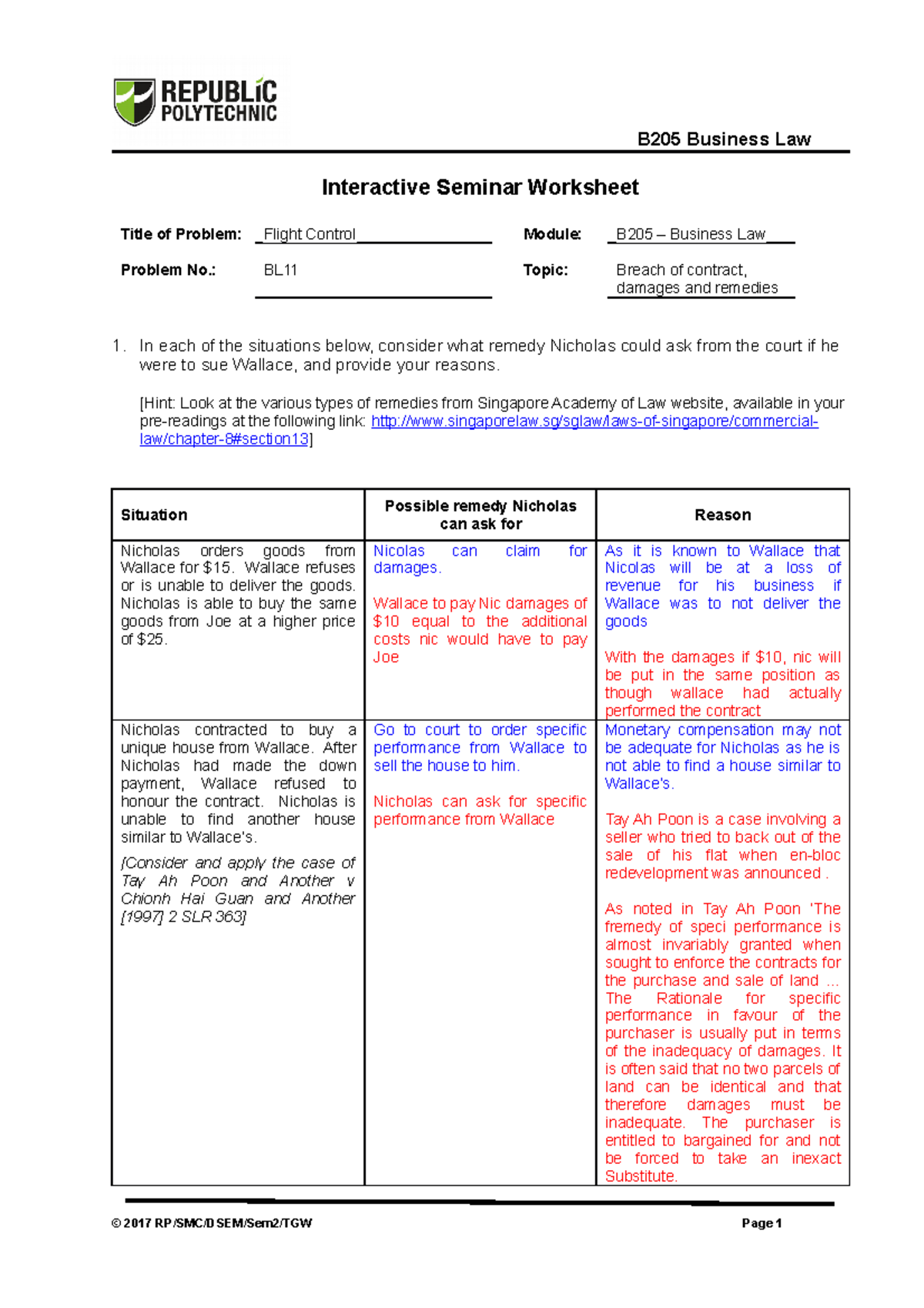 B205 Business Law Worksheet Answer Lesson 11 - Interactive Seminar ...