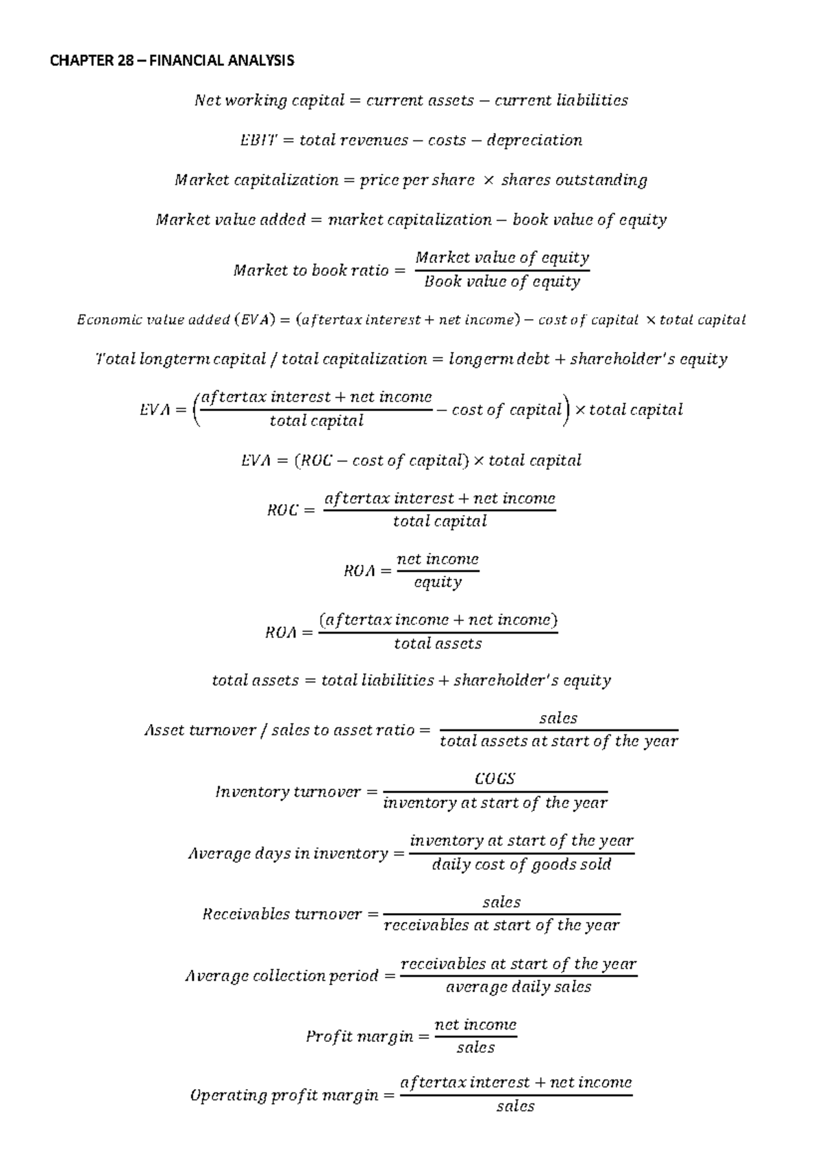 Corporate Finance Formulas - Warning: TT: undefined function: 32 CHAPTER 28 – FINANCIAL ANALYSIS ...