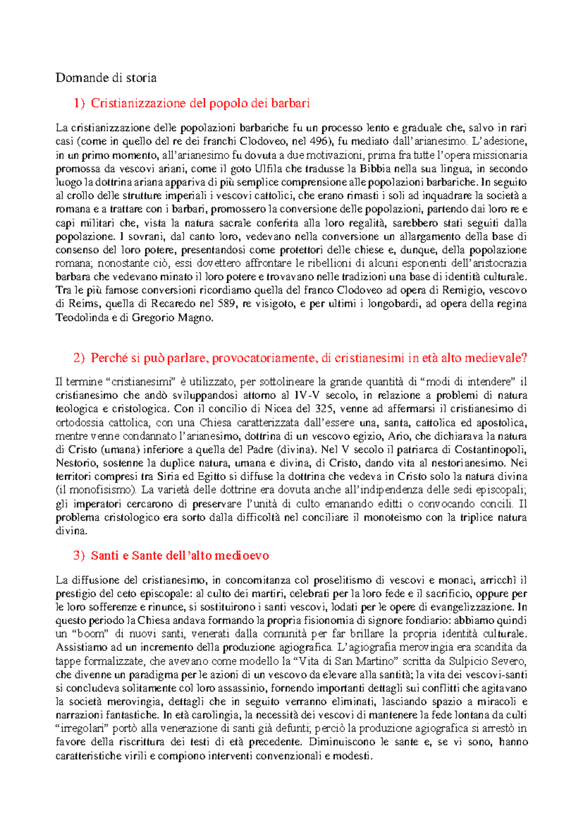Storia medievale unige - Domande di storia 1) Cristianizzazione del ...