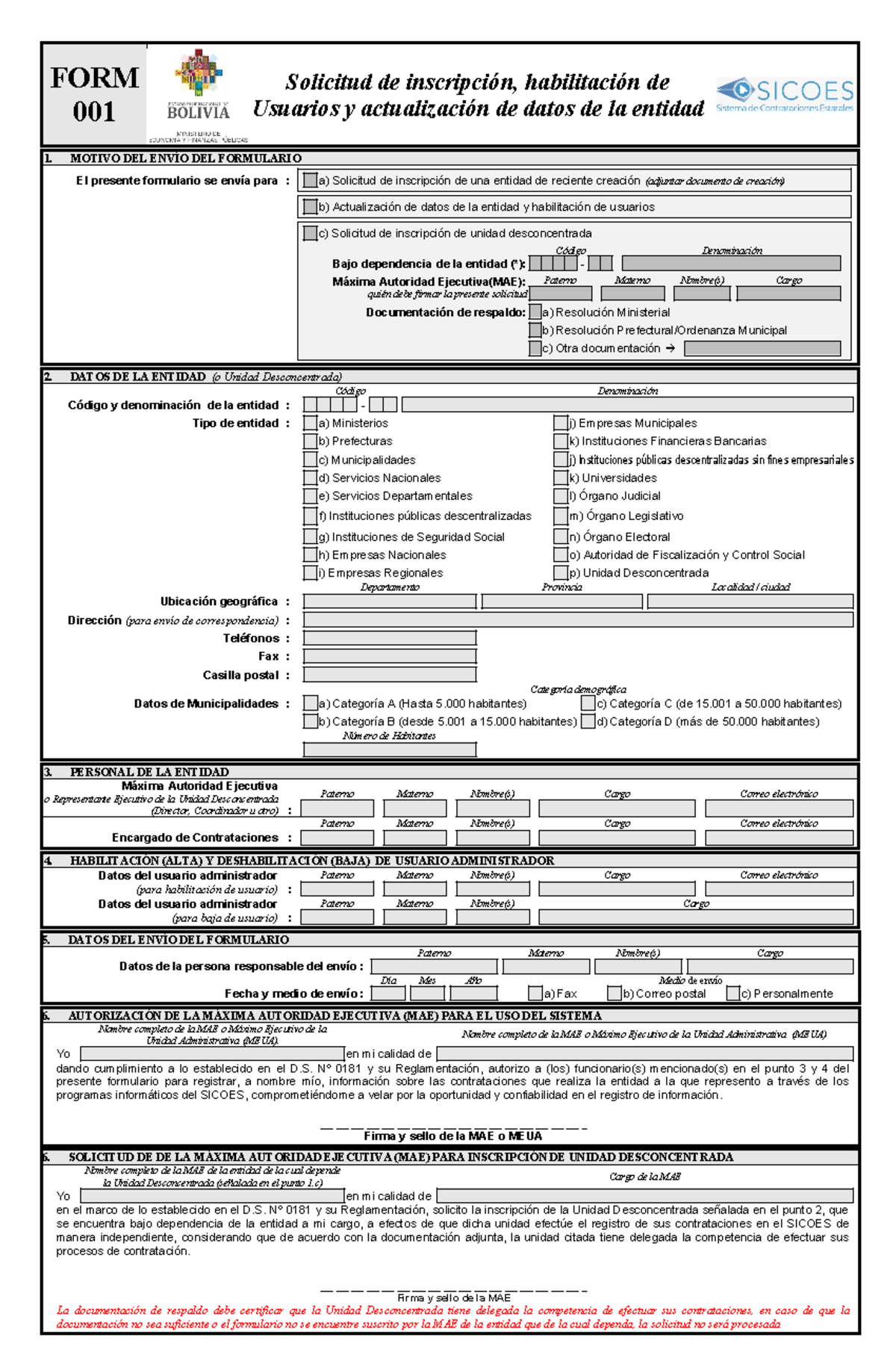 Form001 - FORM 001 Solicitud de inscripción, habilitación de Usuarios y actualización de datos ...