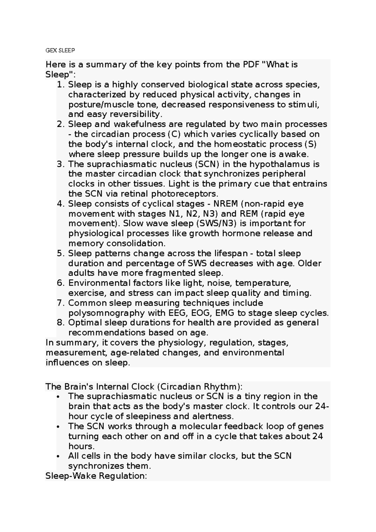 GEX Sleep - lecture notes - GEX SLEEP Here is a summary of the key ...