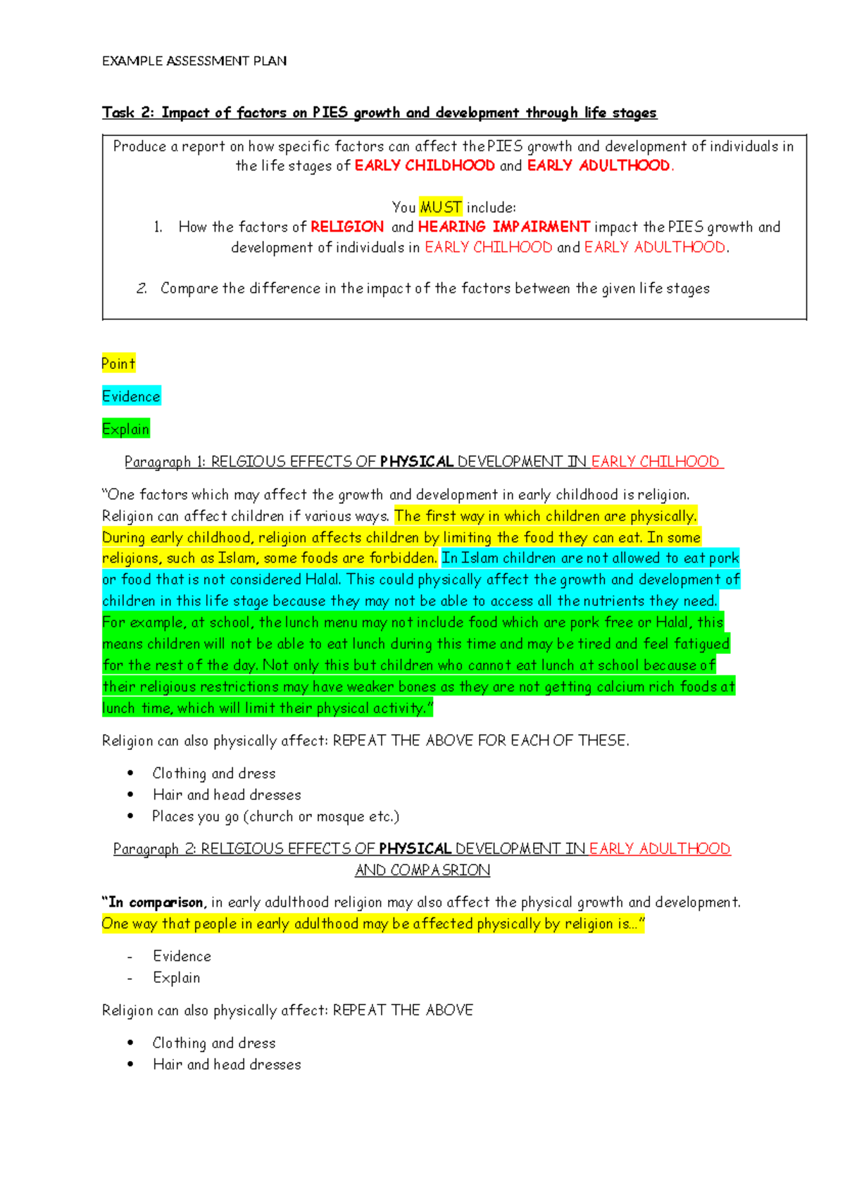 TASK 1 & 2 - Help sheet - EXAMPLE ASSESSMENT PLAN Task 2: Impact of ...