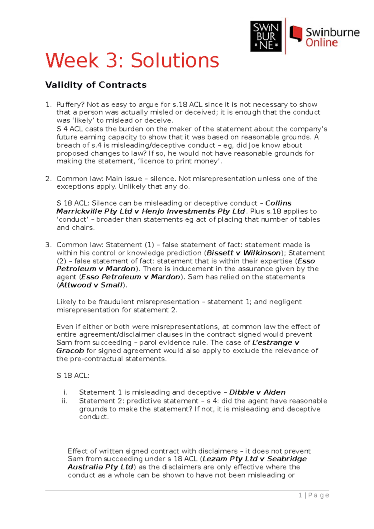 Week 3 Tutorial solutions - Week 3: Solutions Validity of Contracts ...