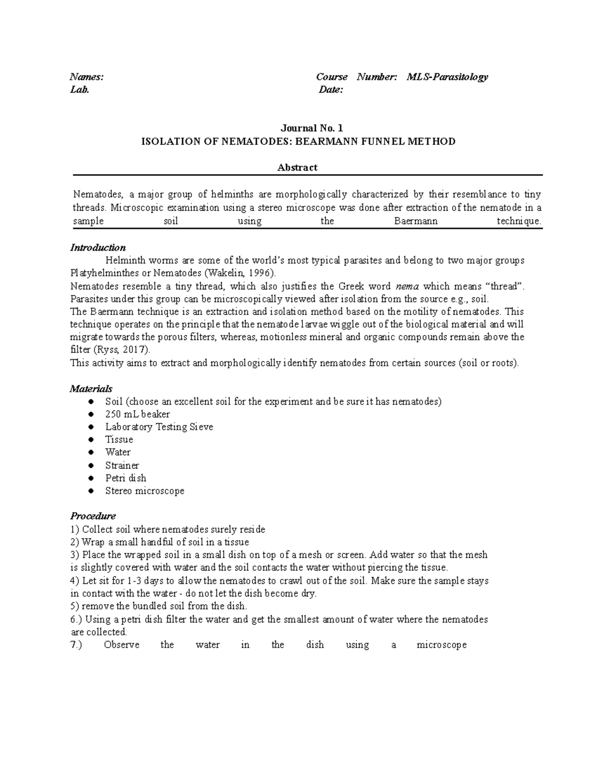 Journal - parasitology lab report - Names: Course Number: MLS ...
