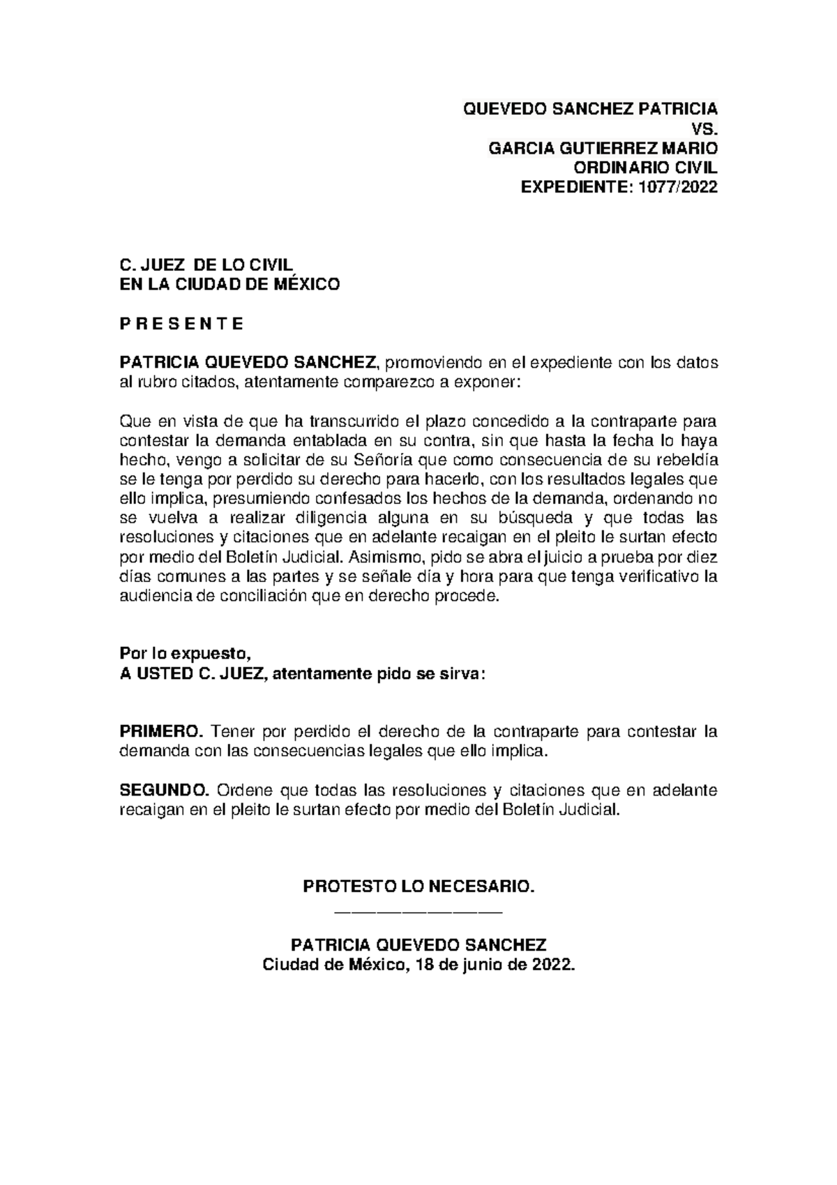 Escrito DE RebeldíA - QUEVEDO SANCHEZ PATRICIA VS. GARCIA GUTIERREZ ...