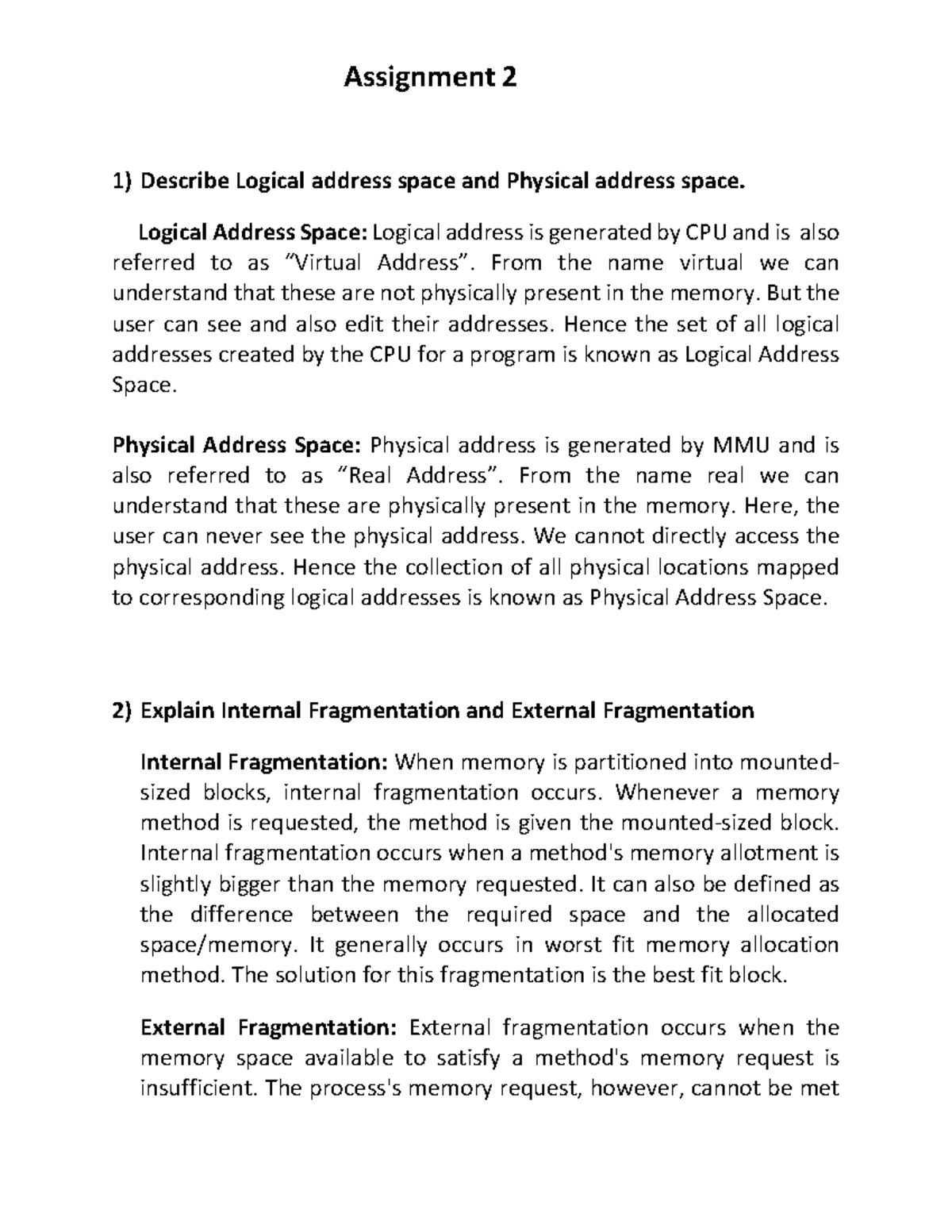 AOS Assignment 2 - Assignment 2 Describe Logical address space and ...