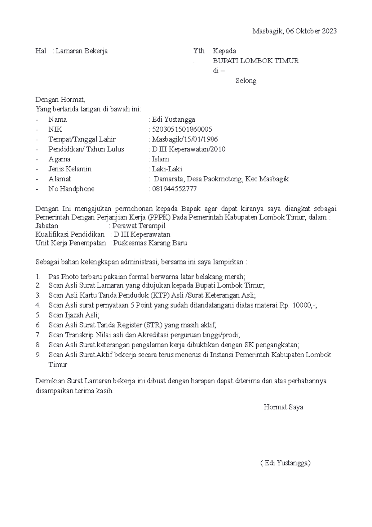 Format Surat Lamaran P3K rosa - Hal : Lamaran Bekerja Yth . Masbagik ...