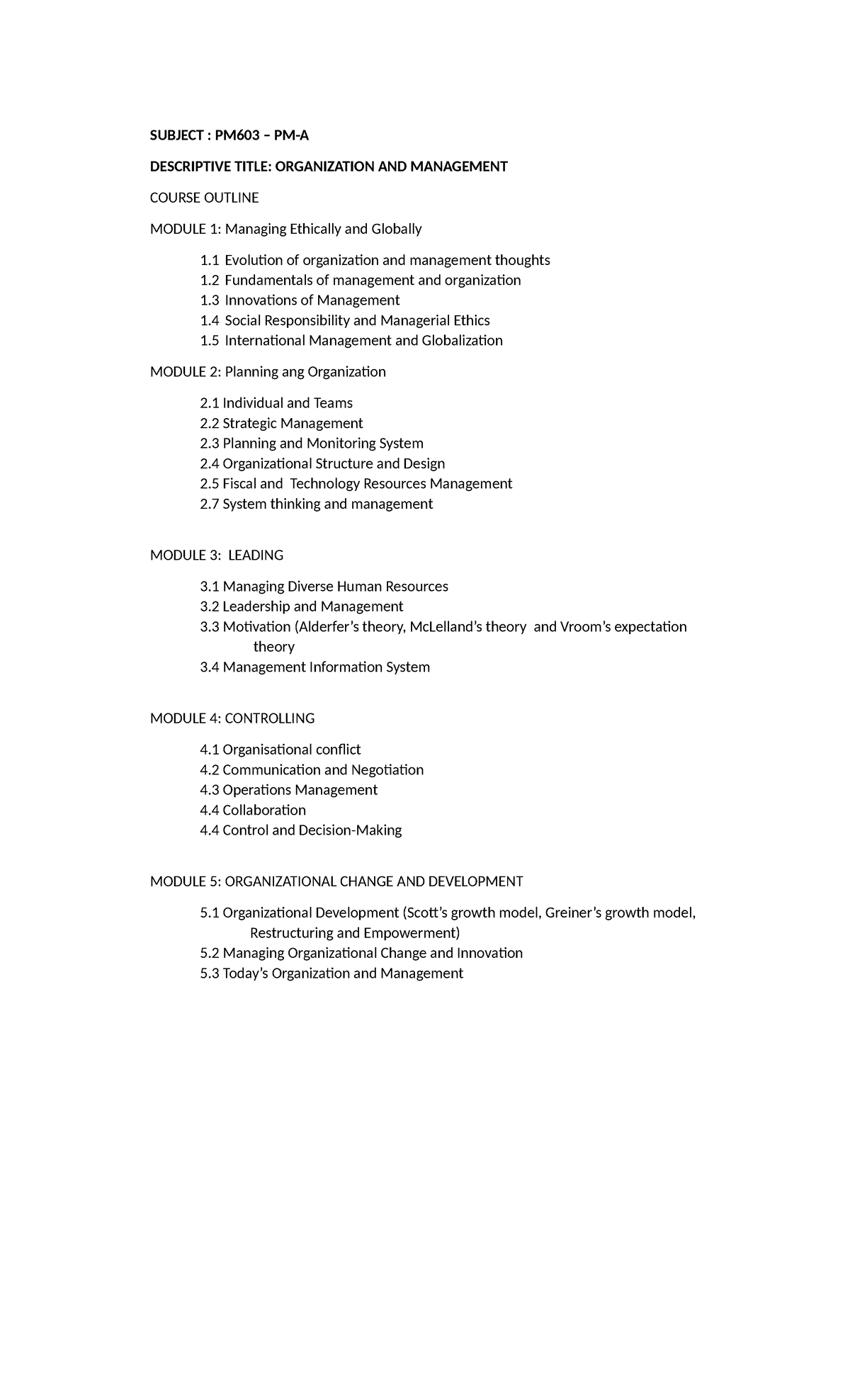 Course- Outline - SUBJECT : PM603 – PM-A DESCRIPTIVE TITLE ...