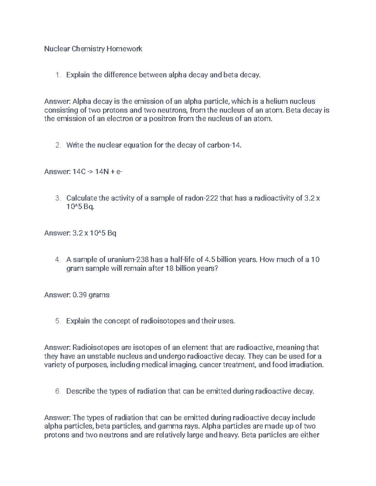 CHM 115 Practice Homework E1 - Nuclear Chemistry Homework Explain the ...