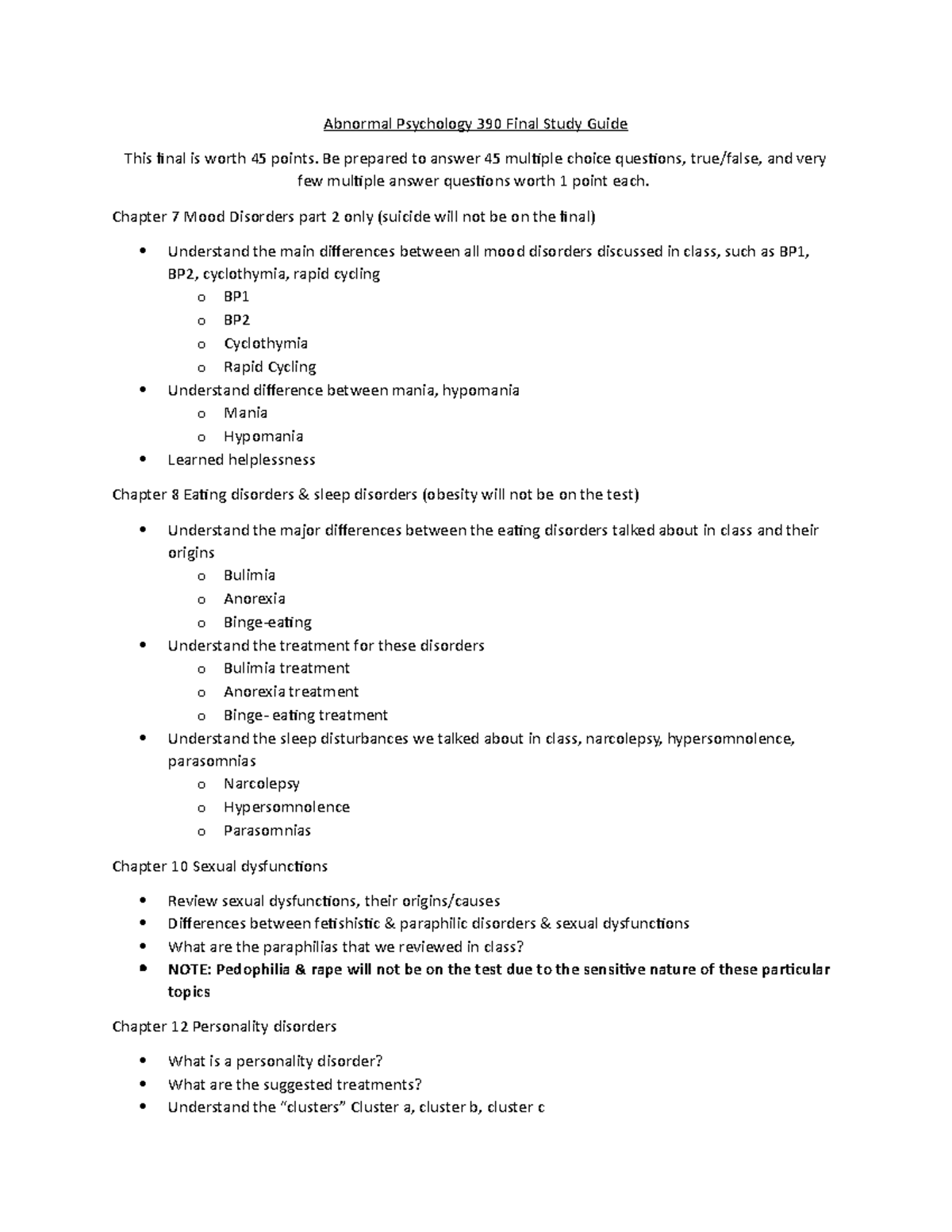 Spring 20 study guide - Abnormal Psychology 390 Final Study Guide This ...