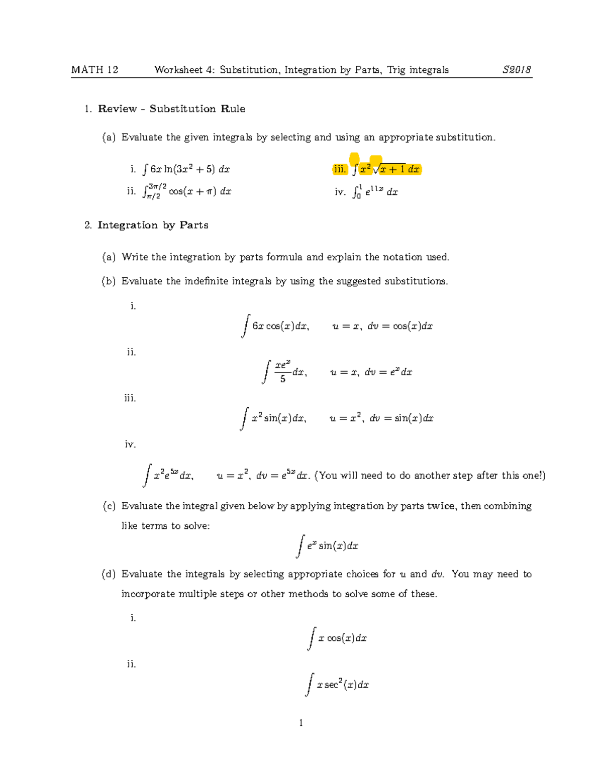 S2018 Math 12 Worksheet 4 - MATH 12 Worksheet 4: Substitution ...