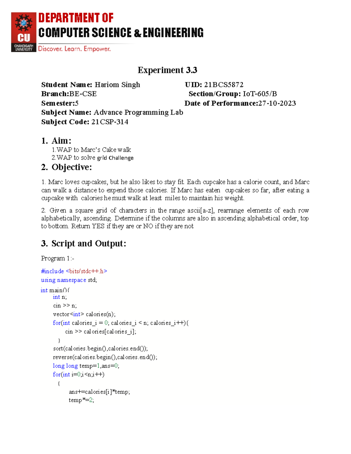 H3.3 ap - djdffj - DEPARTMENT OF COMPUTER SCIENCE & ENGINEERING Experiment 3. UID: 21BCS 5872 ...