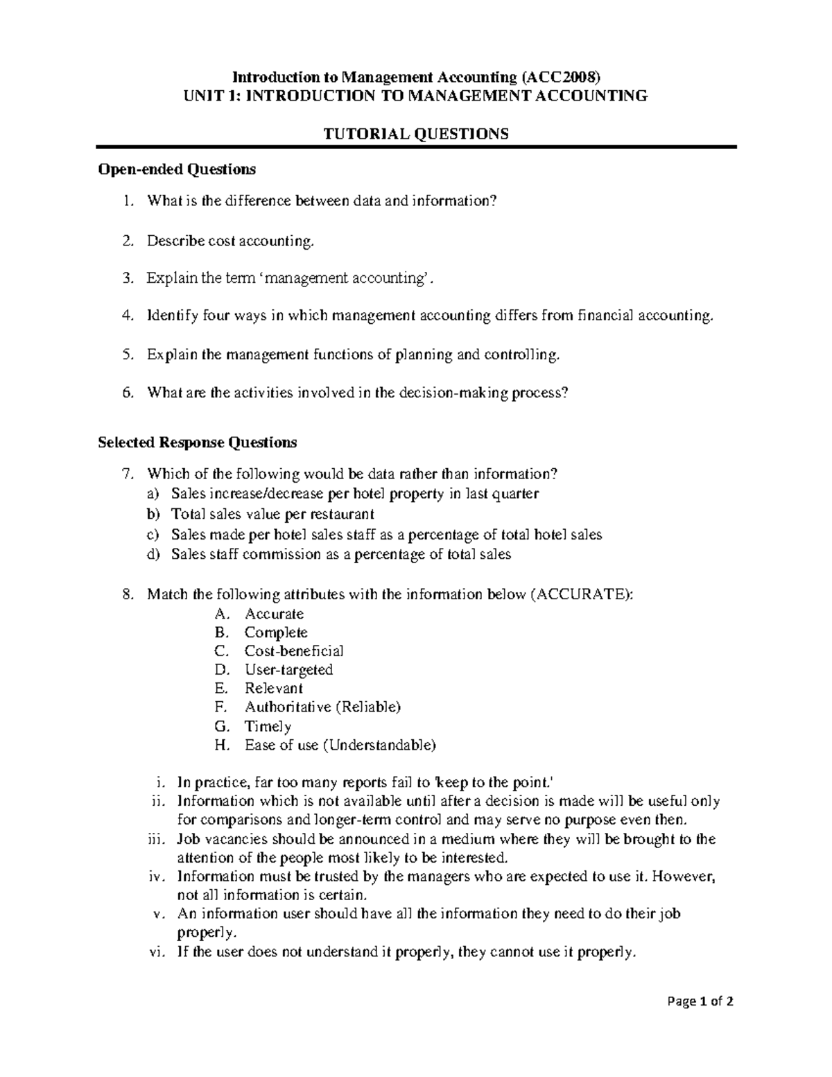 Unit 1 - Introduction to Cost and Management Accounting [Tutorial ...