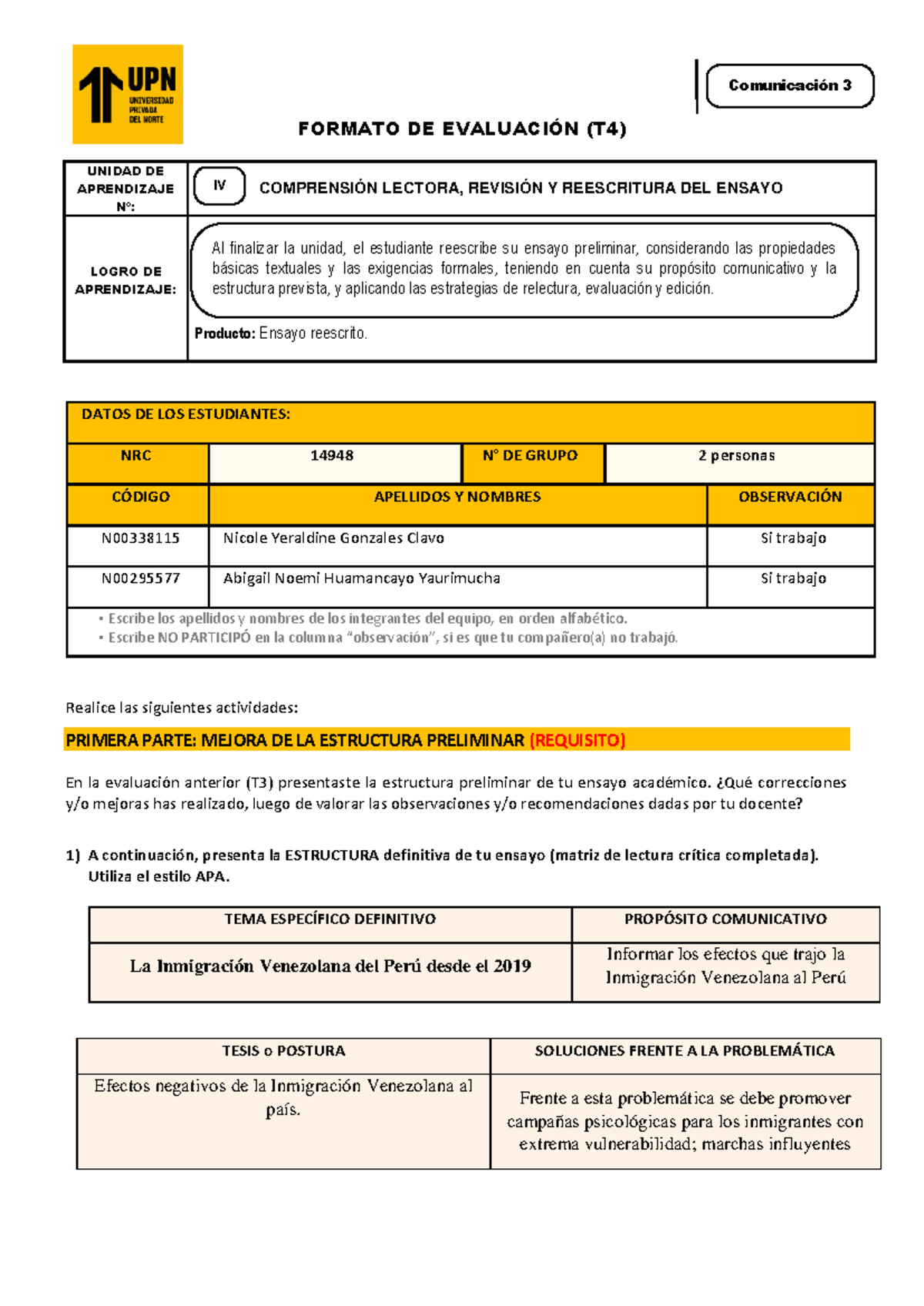 T4 comunicacion pdf - FORMATO DE EVALUACIÓN (T4) UNIDAD DE APRENDIZAJE Nº: COMPRENSIÓN LECTORA ...
