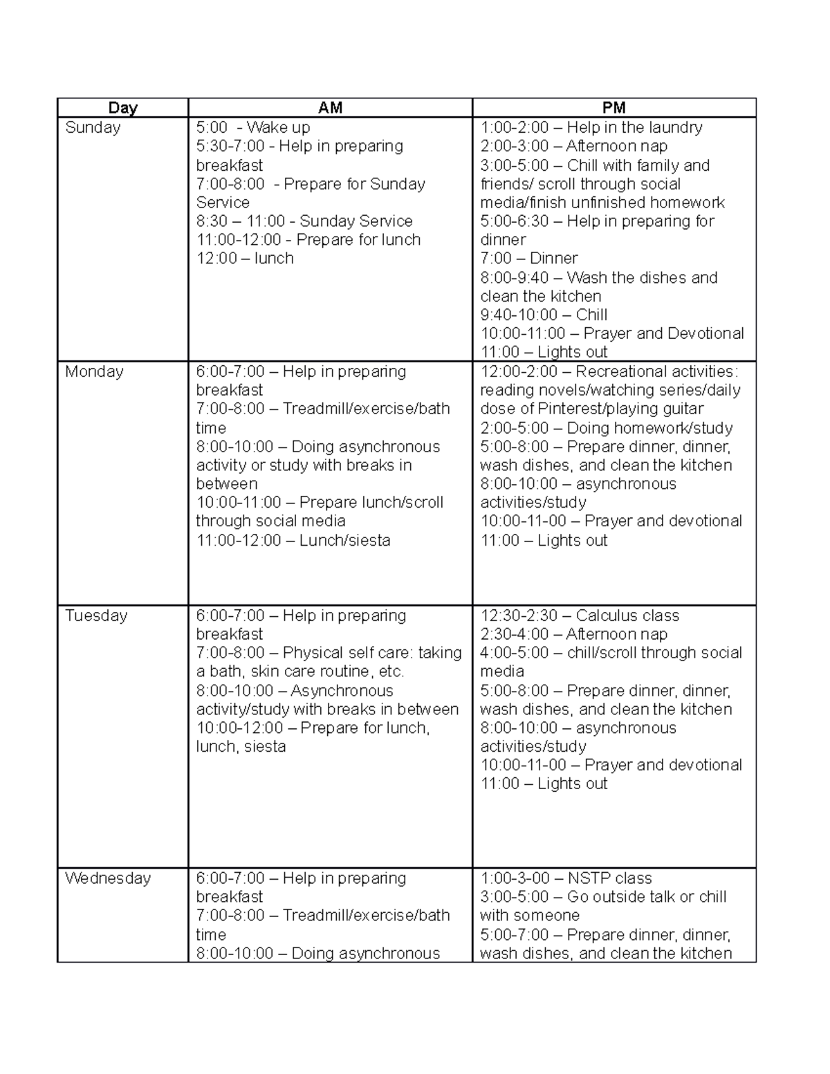 Understanding the Self (Goal Setting) - Day AM PM Sunday 5:00 - Wake up ...