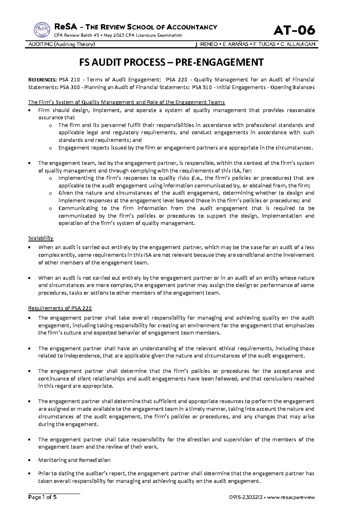 AT-06 - ReSA - THE REVIEW SCHOOL OF ACCOUNTANCY CPA Review Batch 45 May ...