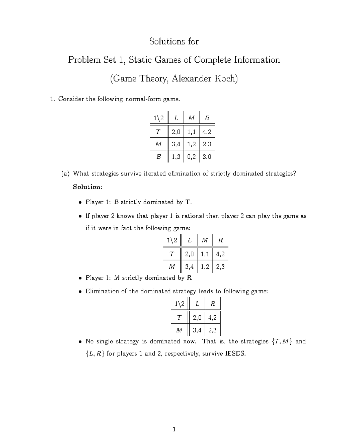 PS1Solutions GT - Game - Solutions for Problem Set 1, Static Games of ...