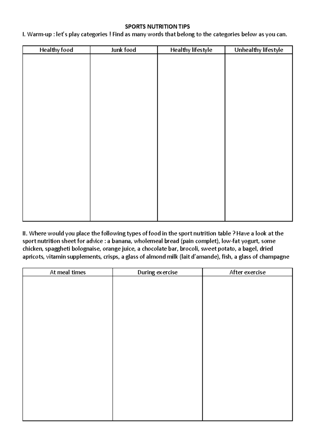 Nutrition TIPS worksheet - SPORTS NUTRITION TIPS I. Warm-up : let’s ...