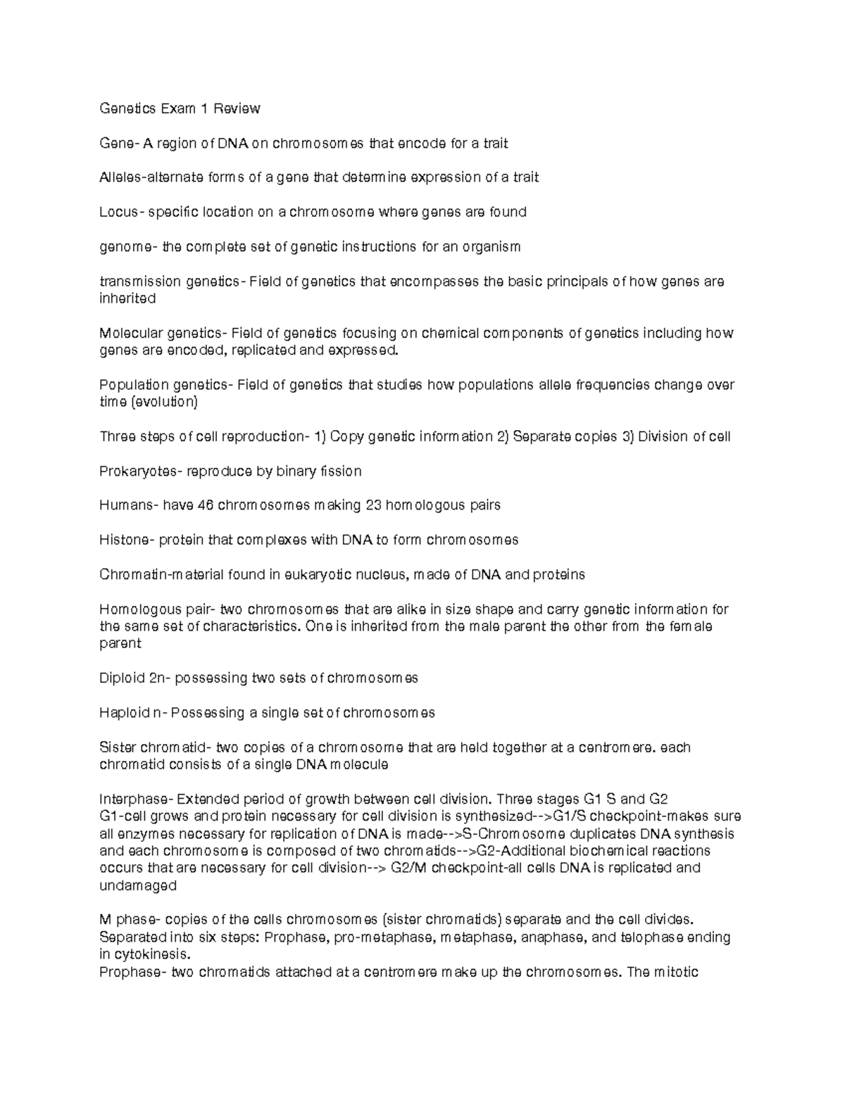 Genetics exam 1 review - Summary chapters 1-6 - Genetics Exam 1 Review ...