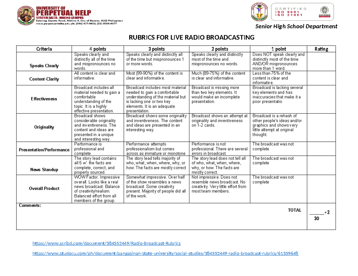 Rubrics-for-Live-Radio-Broadcasting - Senior High School Department ...