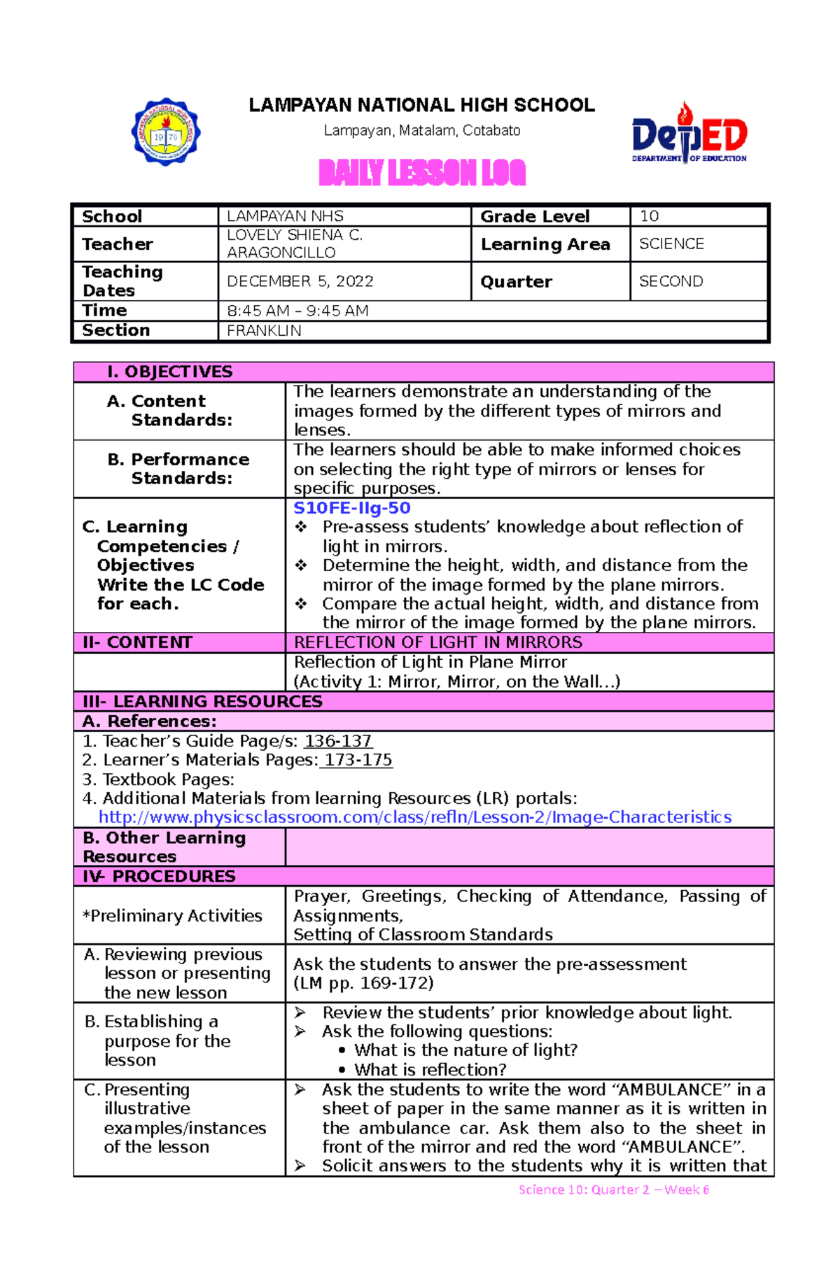 Daily Lesson Log In Science 8 Lampayan National High School Lampayan Matalam Cotabato Daily