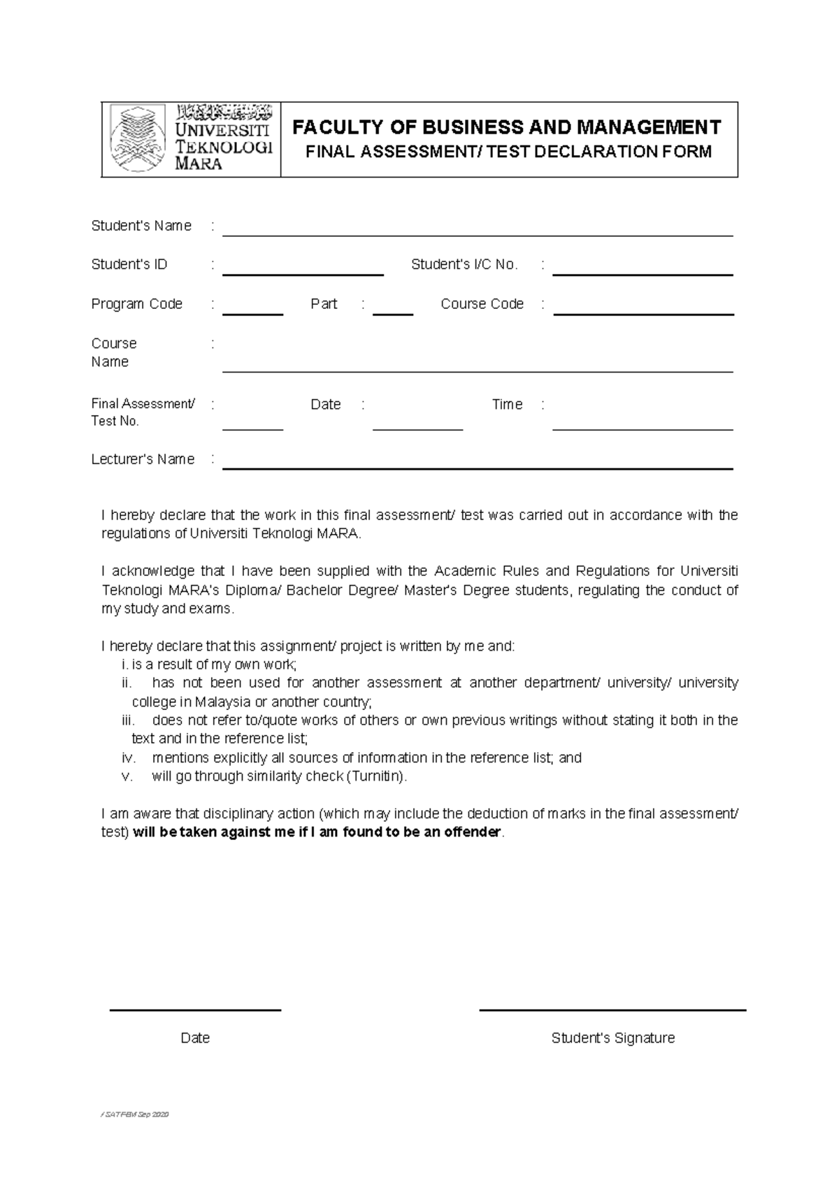 Declration form - okay - / SAT FBM Sep 2020 FACULTY OF BUSINESS AND ...