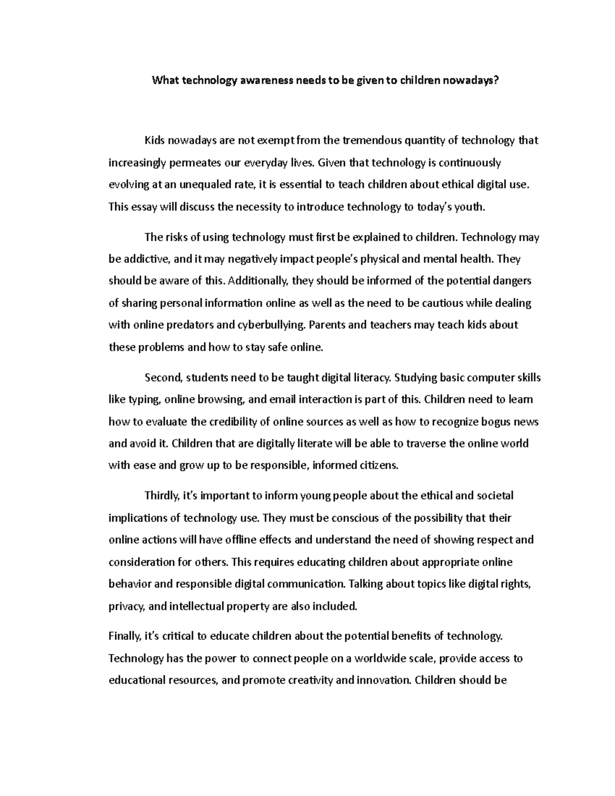 Essay about what technology awareness needs to be given to children ...