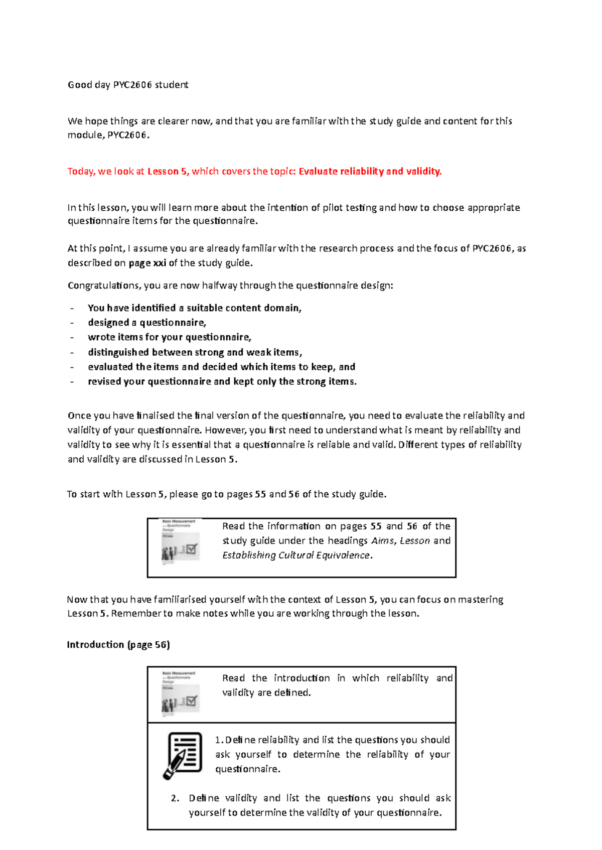 Lesson 5 Evaluate reliability and validity - Good day PYC2606 student ...