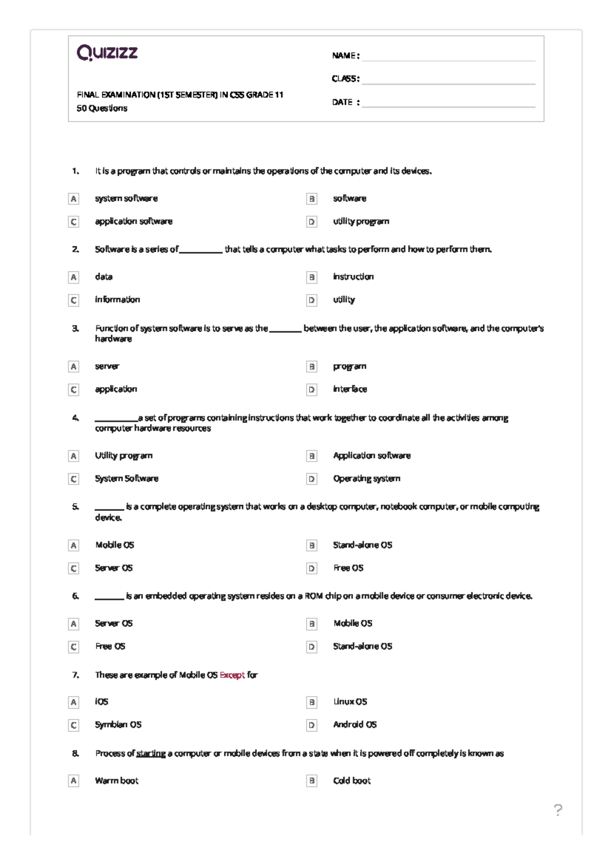 PRE-TEST (1ST Semester) IN CSS Grade 11 - FINAL EXAMINATION (1ST ...