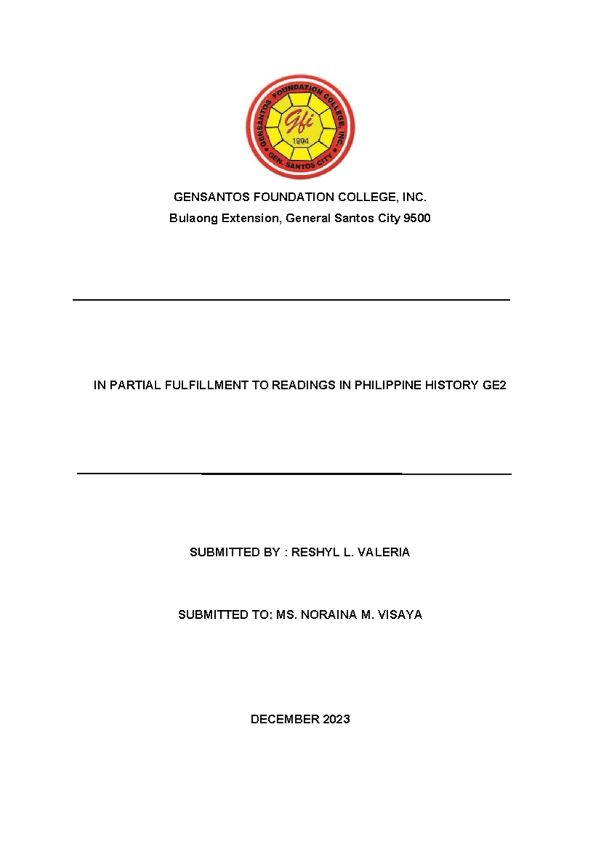 Philhist - Forstudy purposes - GENSANTOS FOUNDATION COLLEGE, INC ...