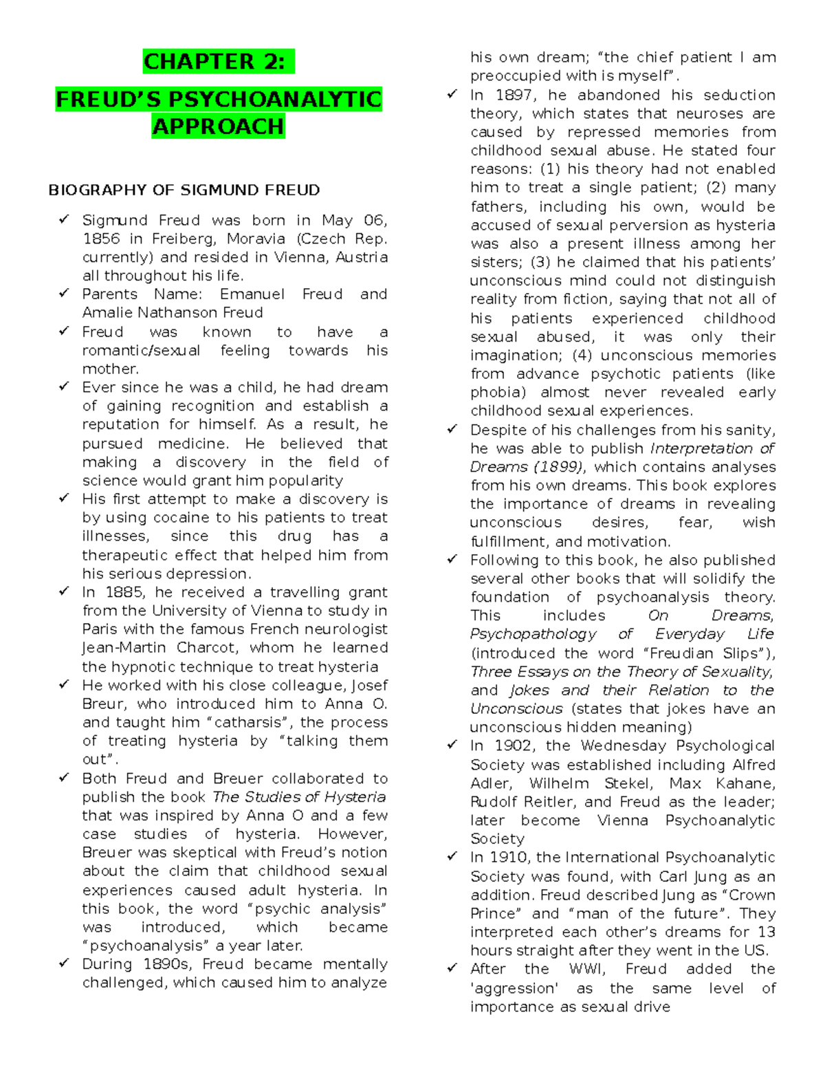 Chapter 2 Psychoanalysis - CHAPTER 2: FREUD’S PSYCHOANALYTIC APPROACH ...