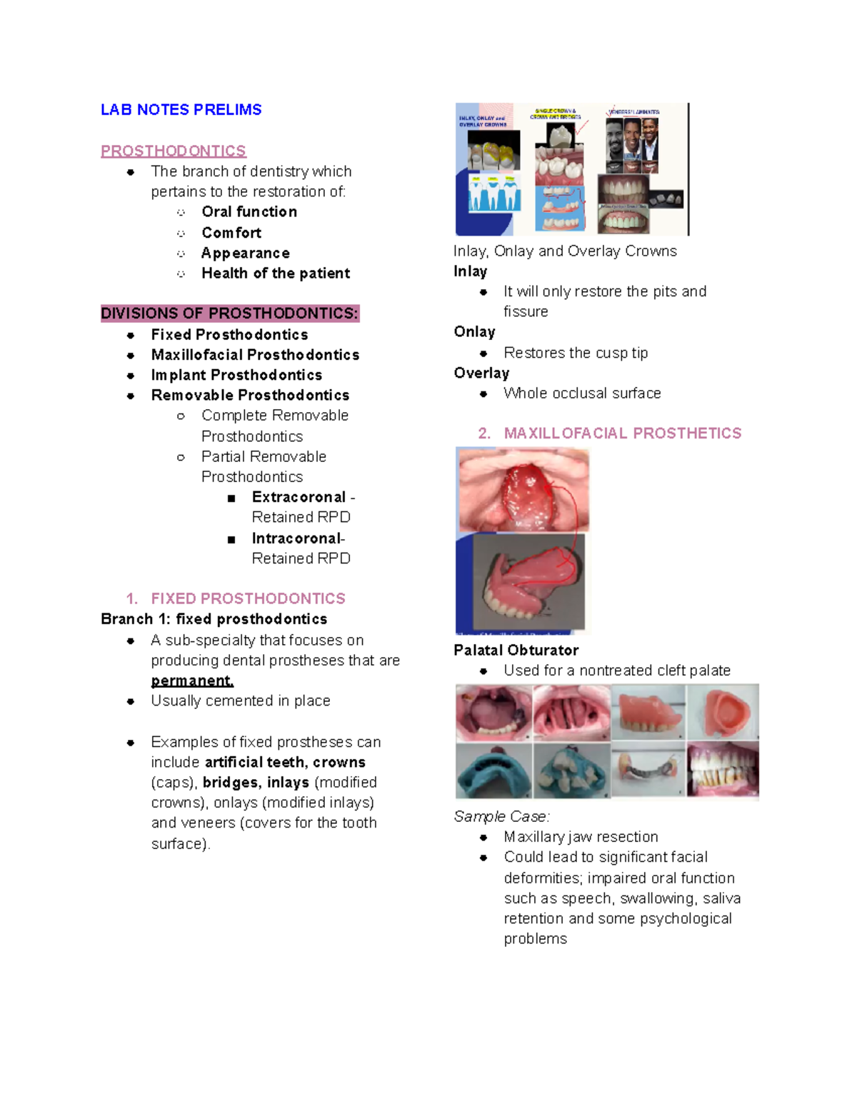 RPD Laboratory Notes - LAB NOTES PRELIMS PROSTHODONTICS The branch of ...