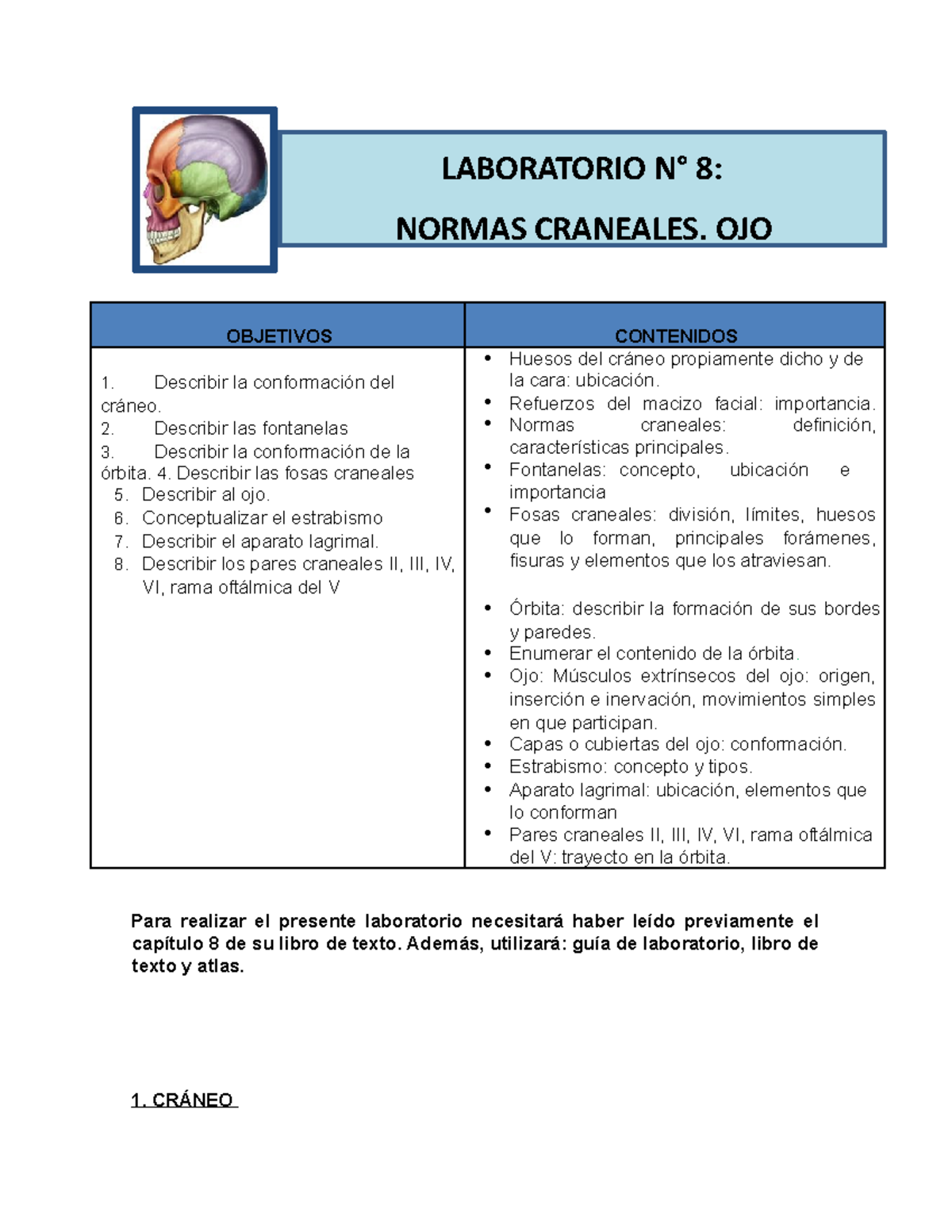 LAB. 8 Normas Craneales Y OJO - OBJETIVOS CONTENIDOS Describir la ...