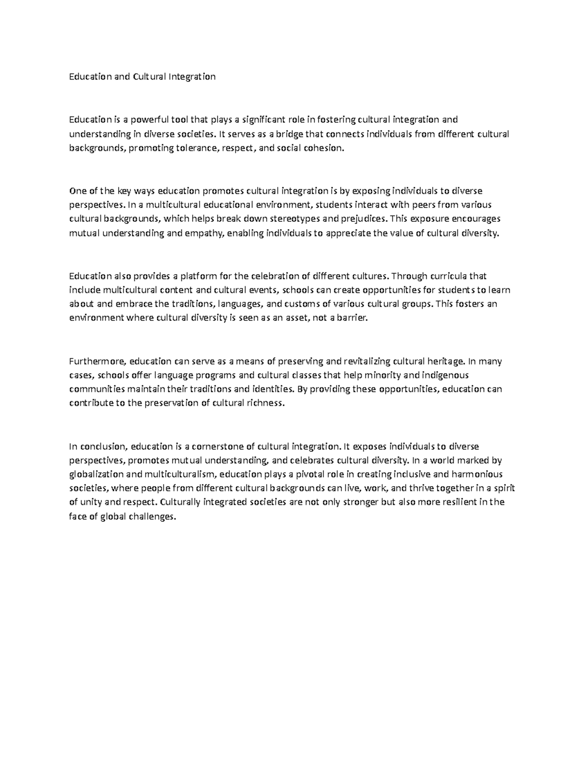 Education and Cultural Integration - Education and Cultural Integration ...