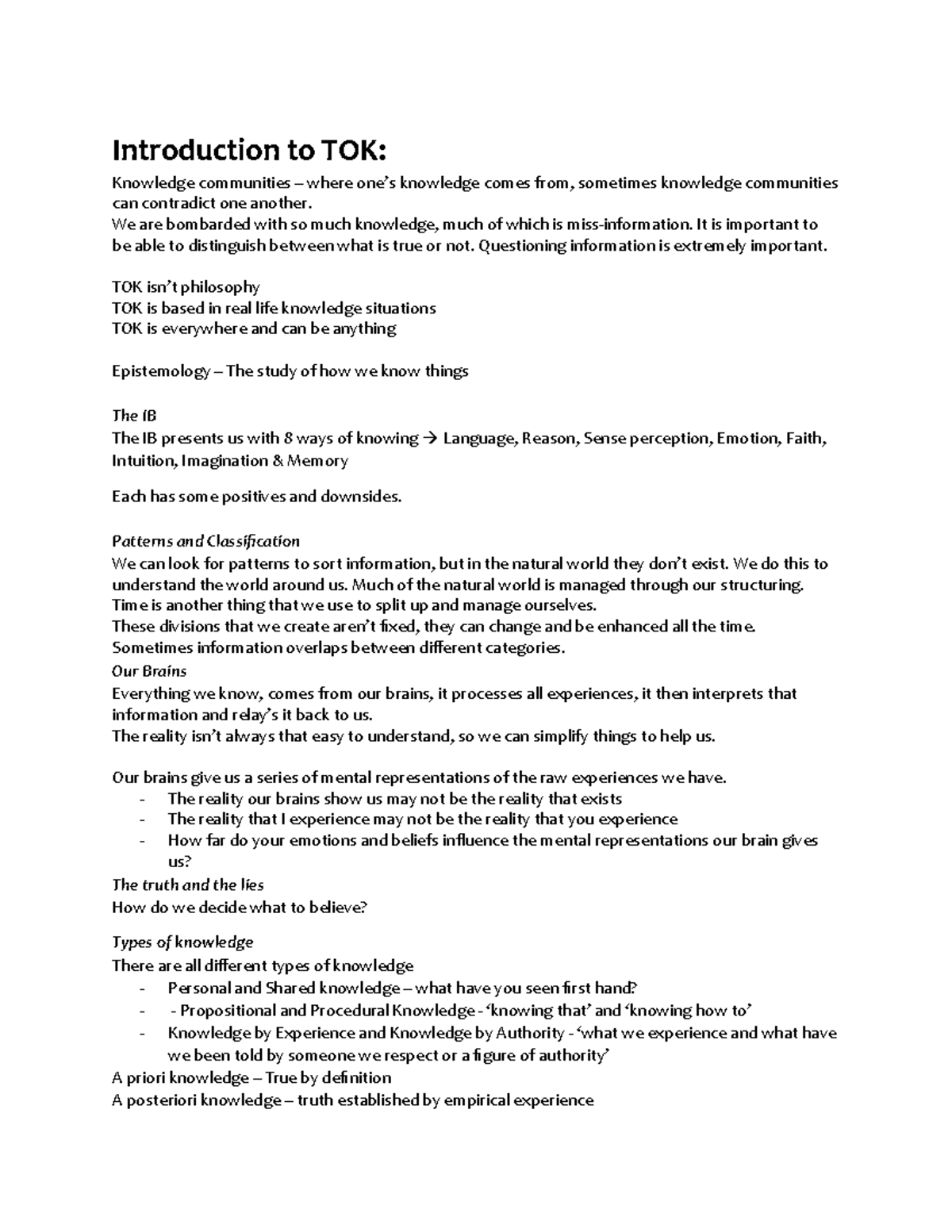 Introduction to TOK - Lecture notes 1 - Introduction to TOK: Knowledge ...