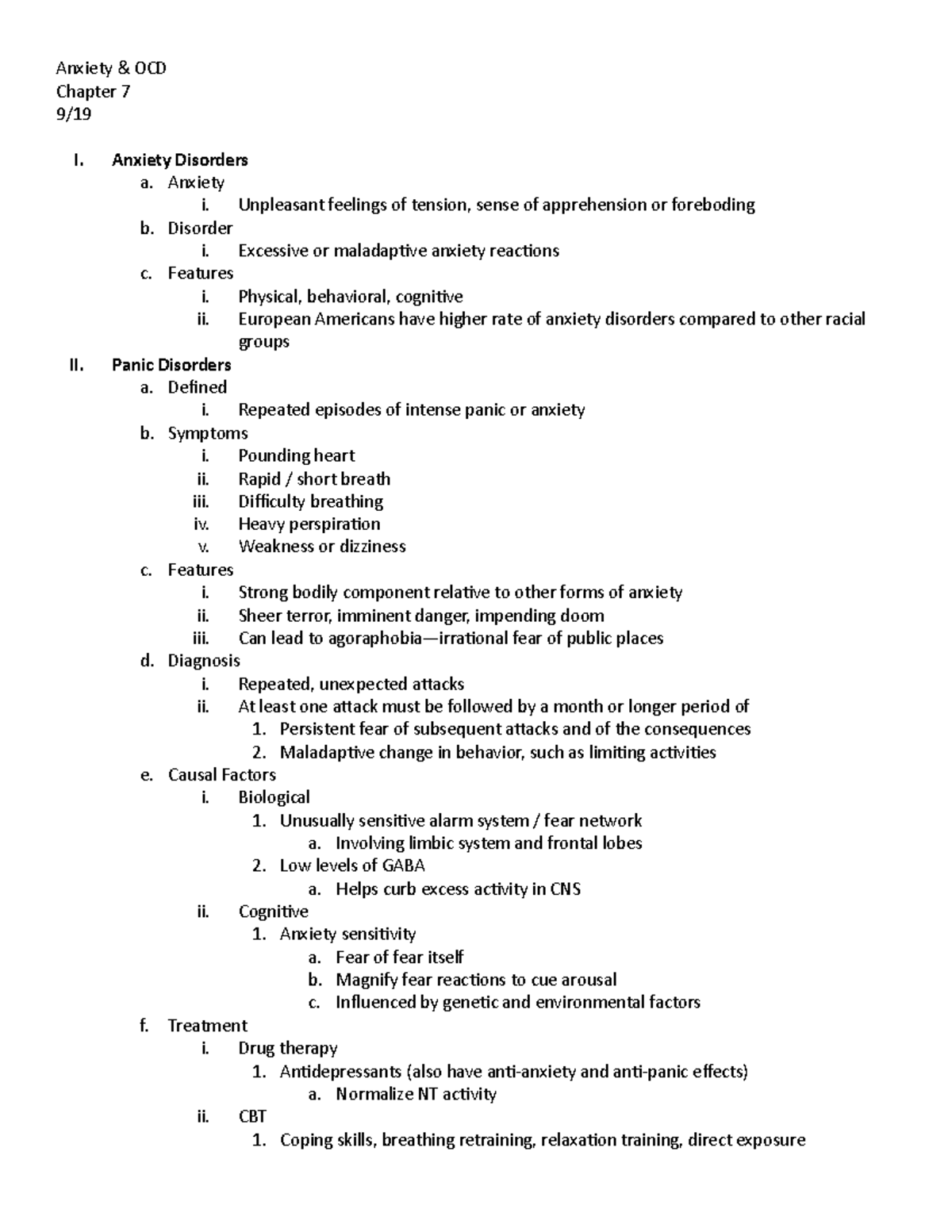 5- Anxiety Disorders - Lecture notes 5 - Anxiety & OCD Chapter 7 9/19 I ...