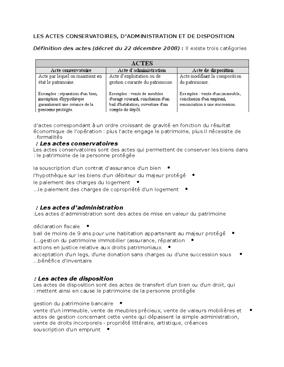 Fiche actes conservatoires:d'admin:de disposition - LES ACTES ...