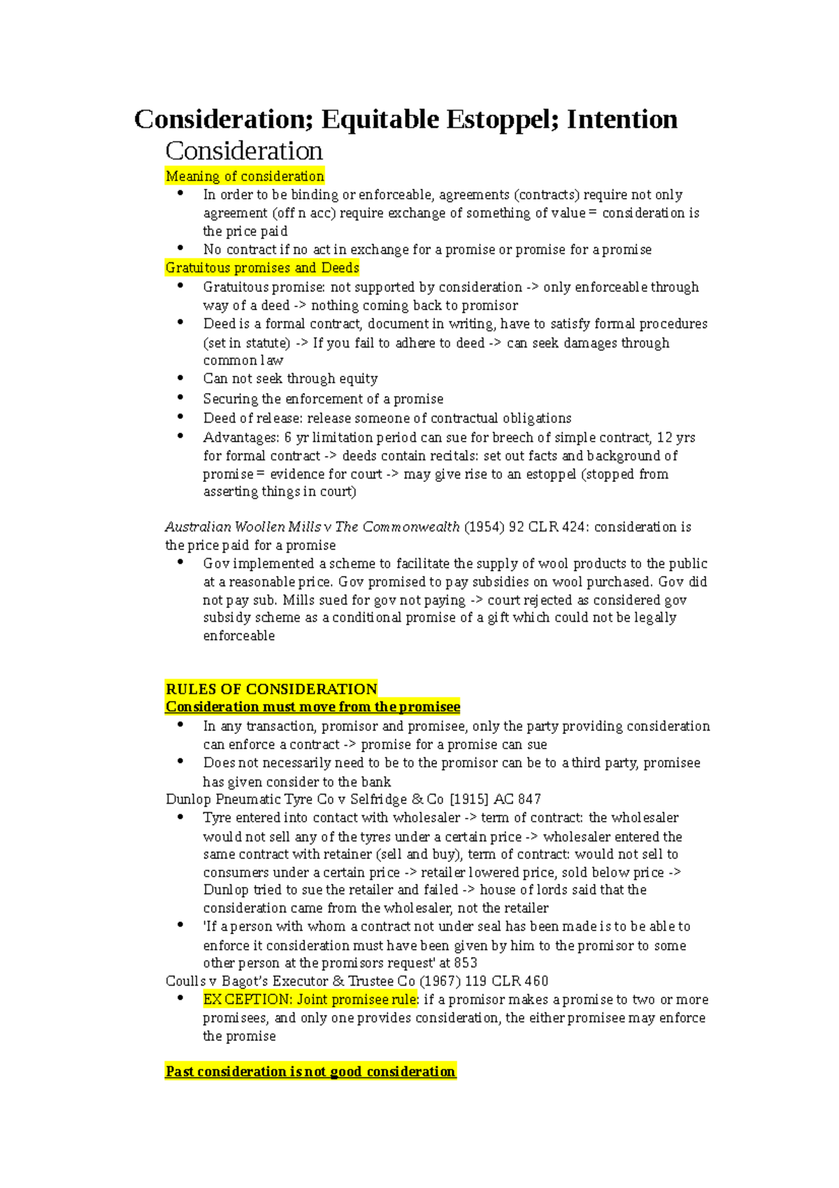 Consideration, estoppel, intention notes - Consideration; Equitable ...