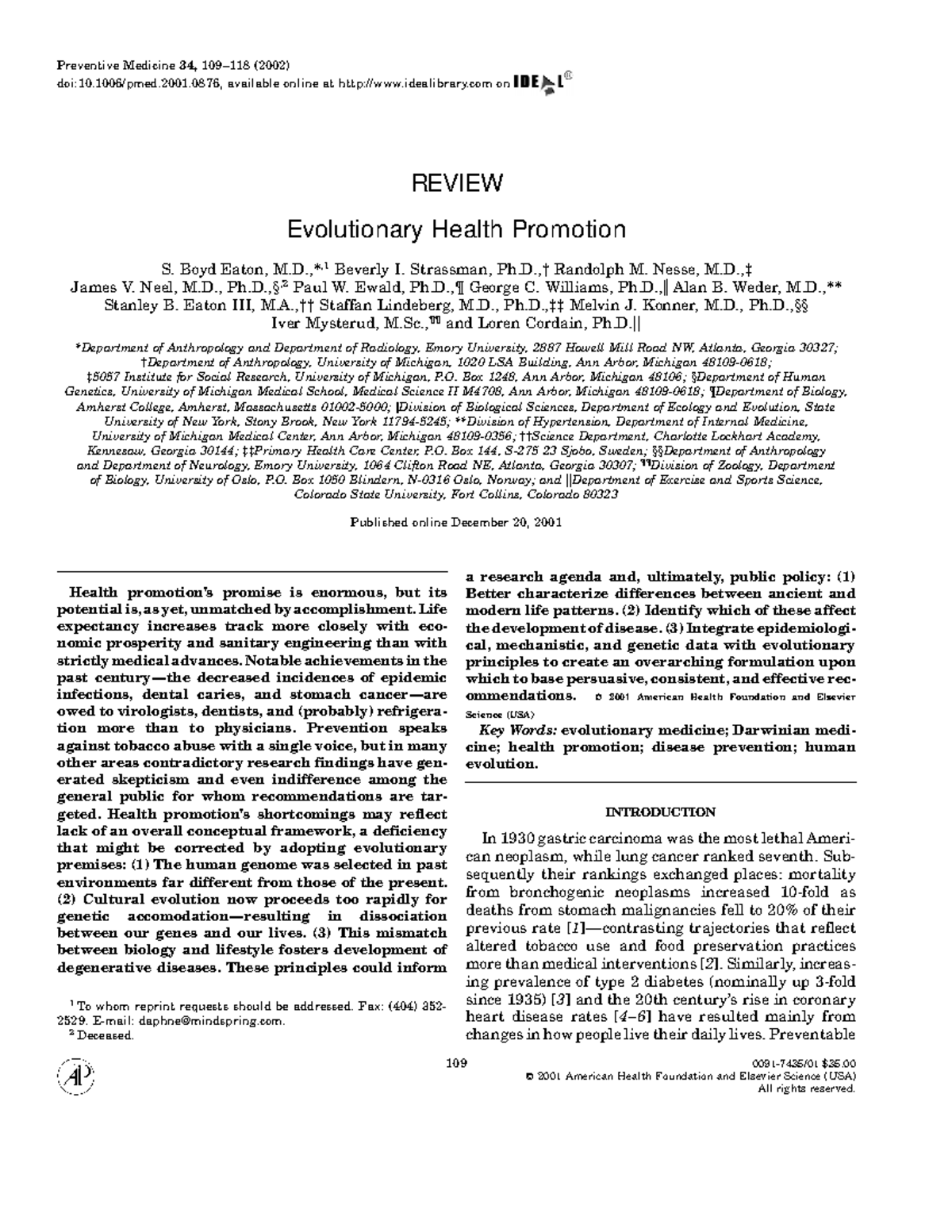 Evolutionary health promotion - Preventive Medicine 34, 109–118 (2002 ...