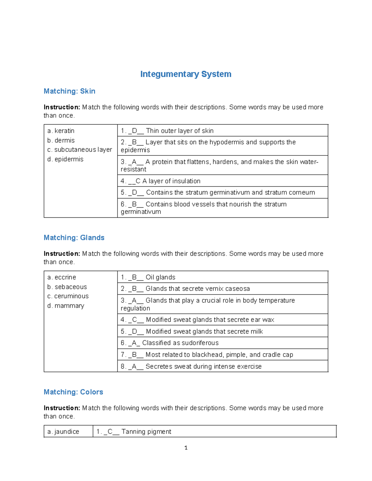 AHP106 Wk2 Integumentary - Integumentary System Matching: Skin ...