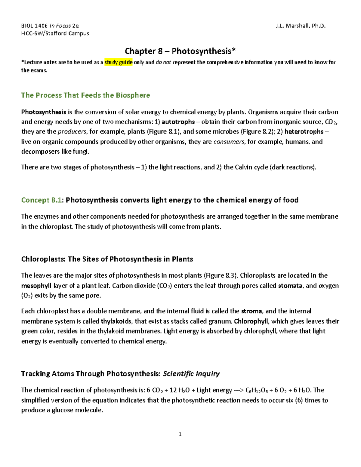Chapter 8 – Photosynthesis - HCC-SW/Stafford Campus Chapter 8 ...